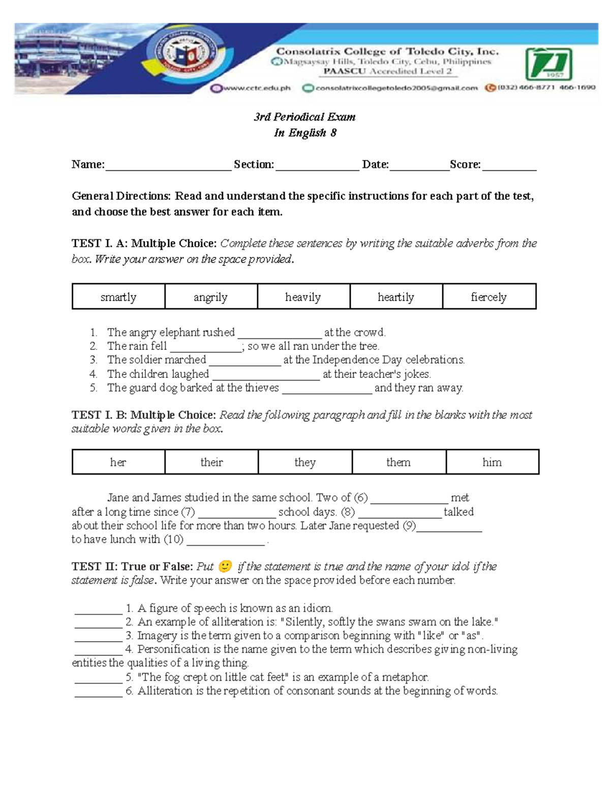 3rd Periodical Exam - just an example - 3rd Periodical Exam In English ...