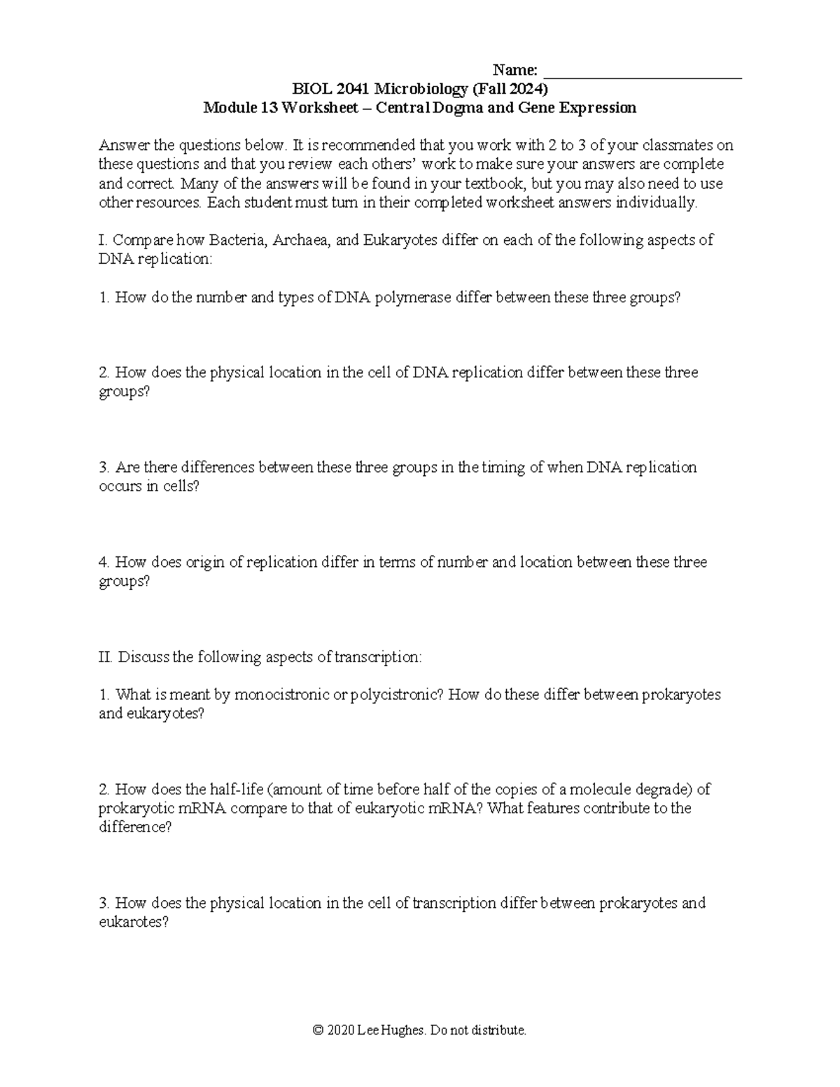 BIOL 2041 Module 13 Central Dogma and Gene Expression Worksheet-1 ...