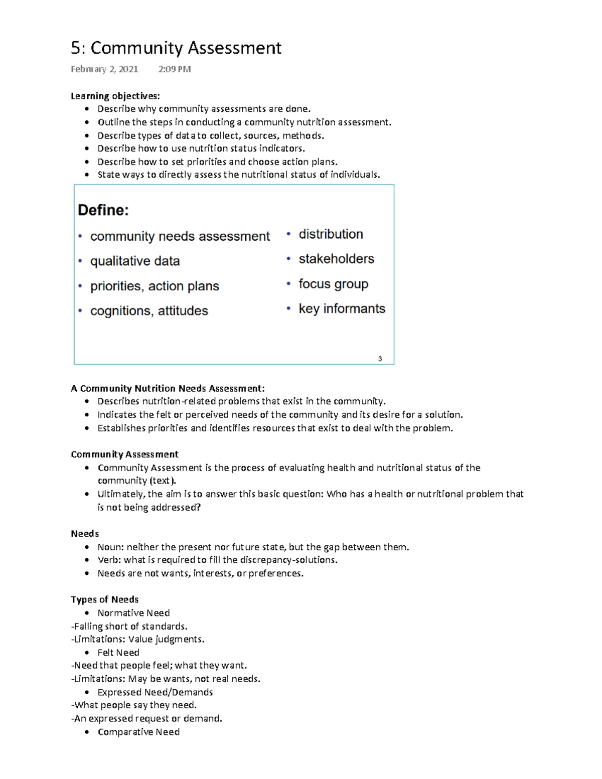 NUTR 350-5 Community Assessment - >ĞĂƌŶŝŶŐ ŽďũĞĐƚŝǀĞƐ͗ ͻ - Studocu