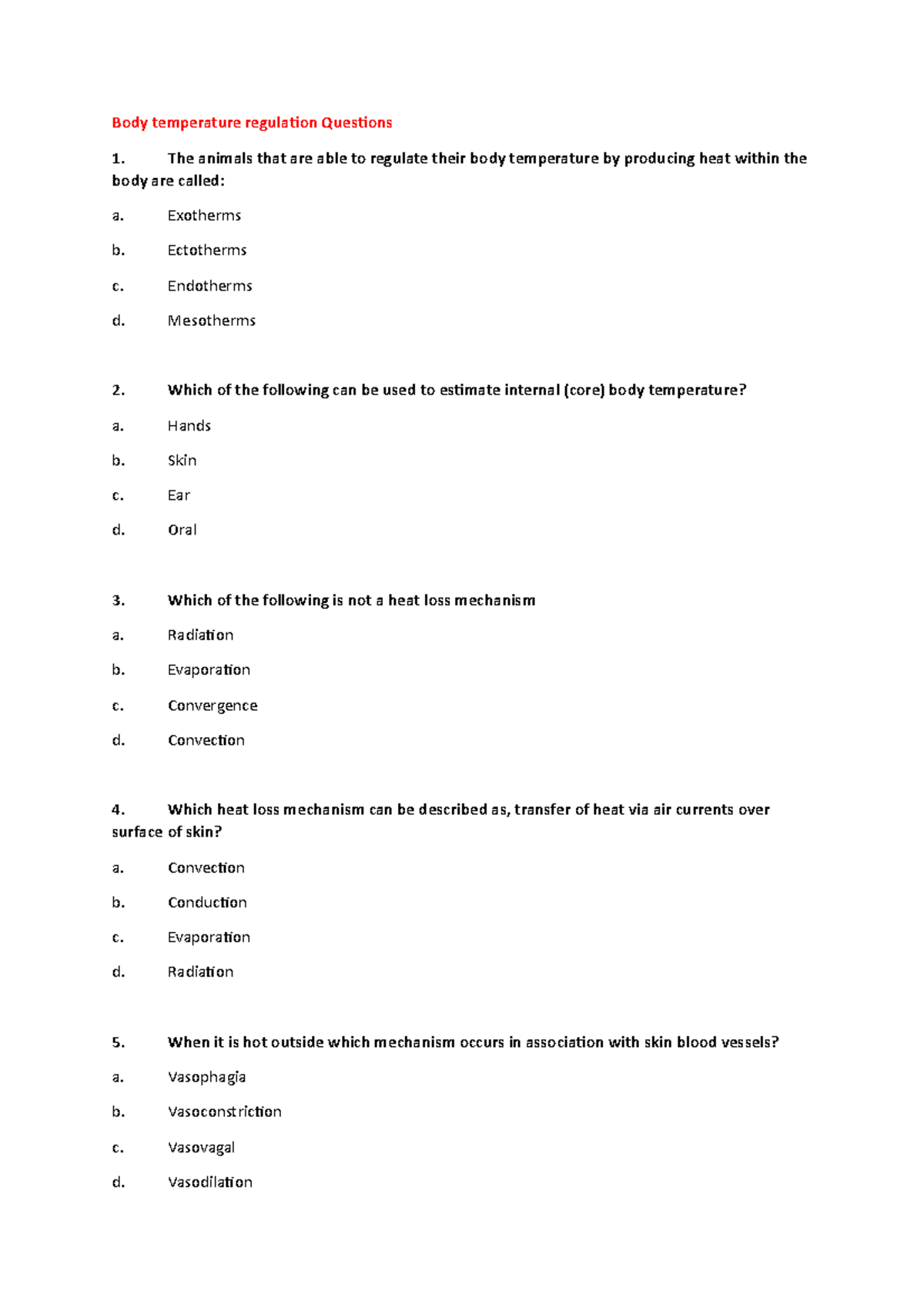 Body temperature regulation Questions TUTS - Body temperature ...
