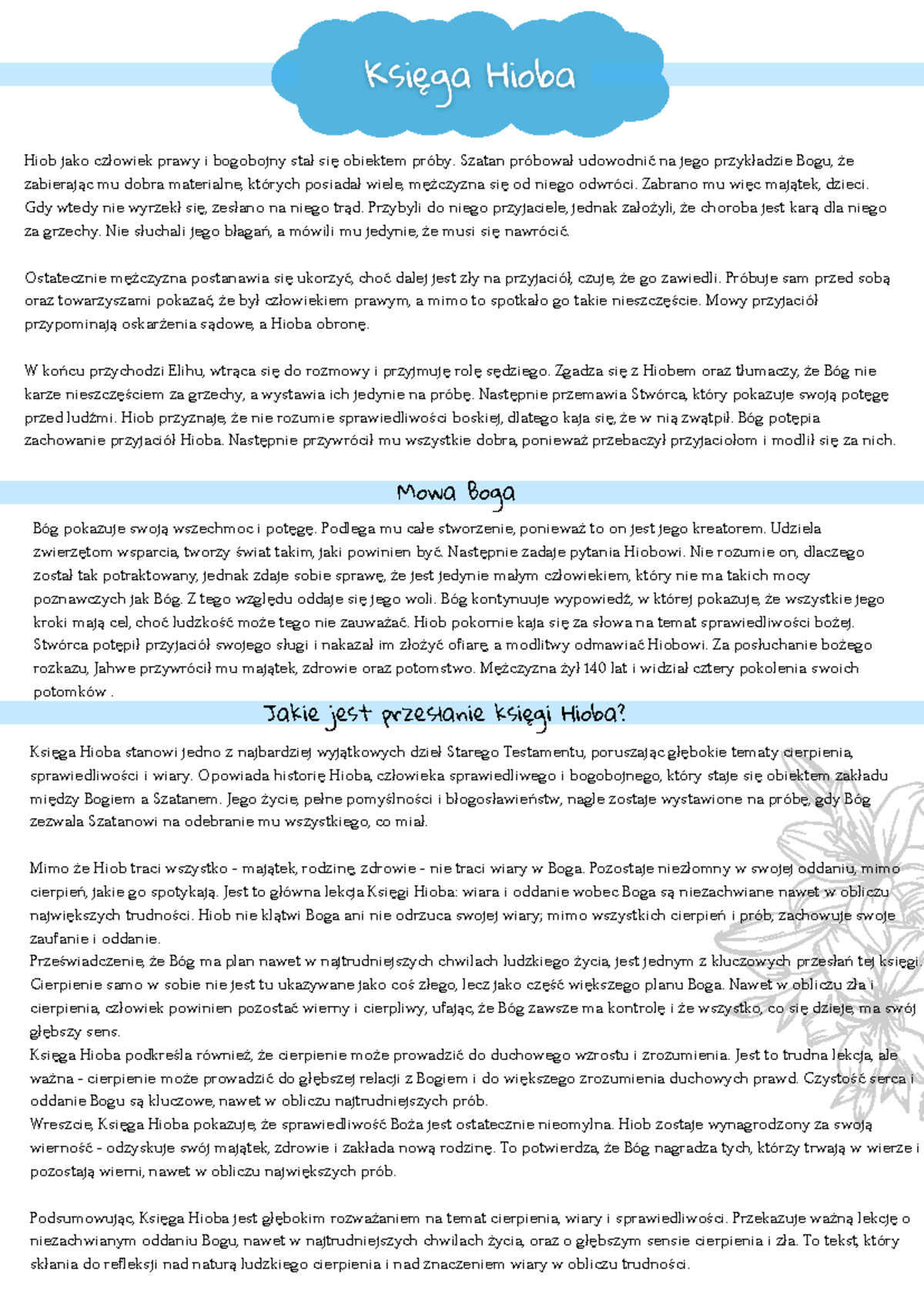 Księga Hioba - opracowanie - Hiob jako człowiek prawy i bogobojny stał ...