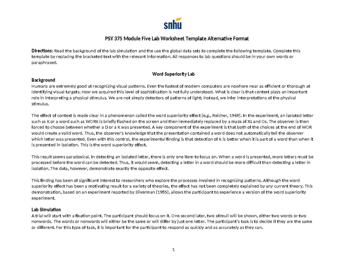 PSY 375 Module Five Lab - Taking part in an experiment and recording ...