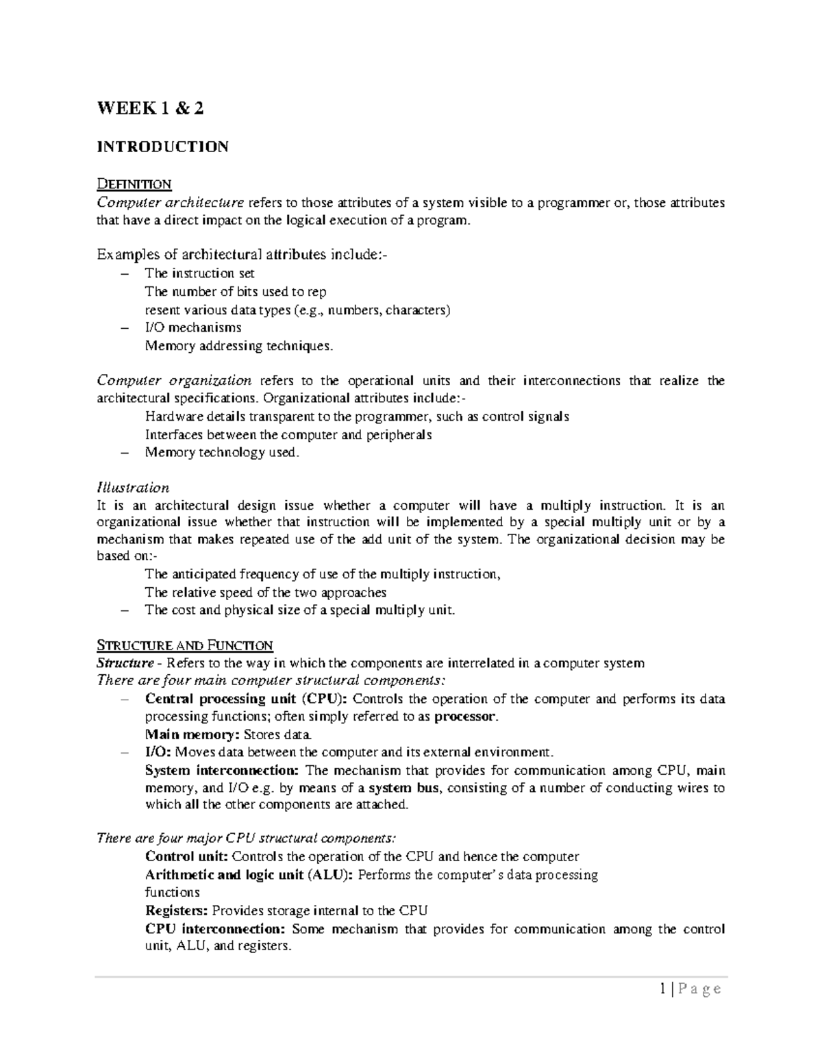 Week 1 and 2 Notes - Computer Organization and Architecture - WEEK 1 ...
