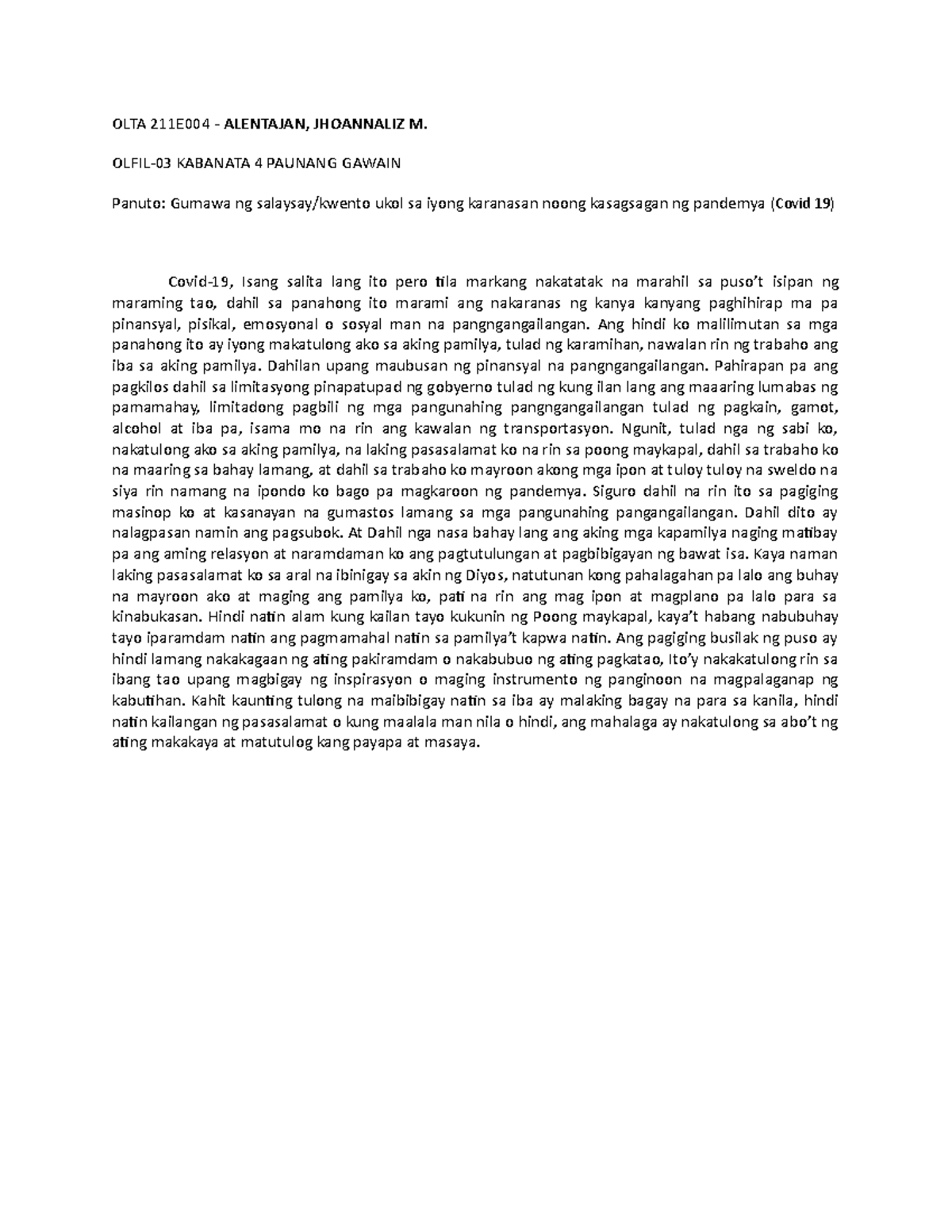 Kabanata 4 - Panuto: Gumawa ng salaysay/kwento ukol sa iyong karanasan ...