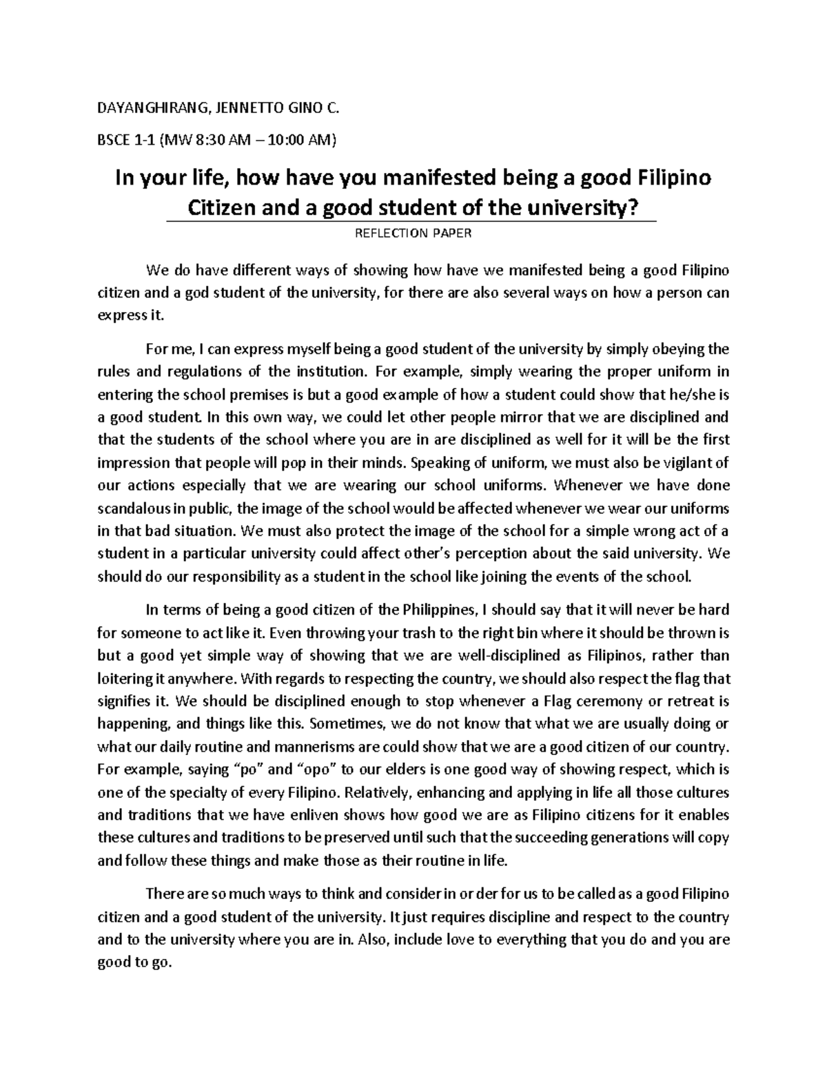 Reflection 6 - Good Filipino & Student - DAYANGHIRANG, JENNETTO GINO C ...