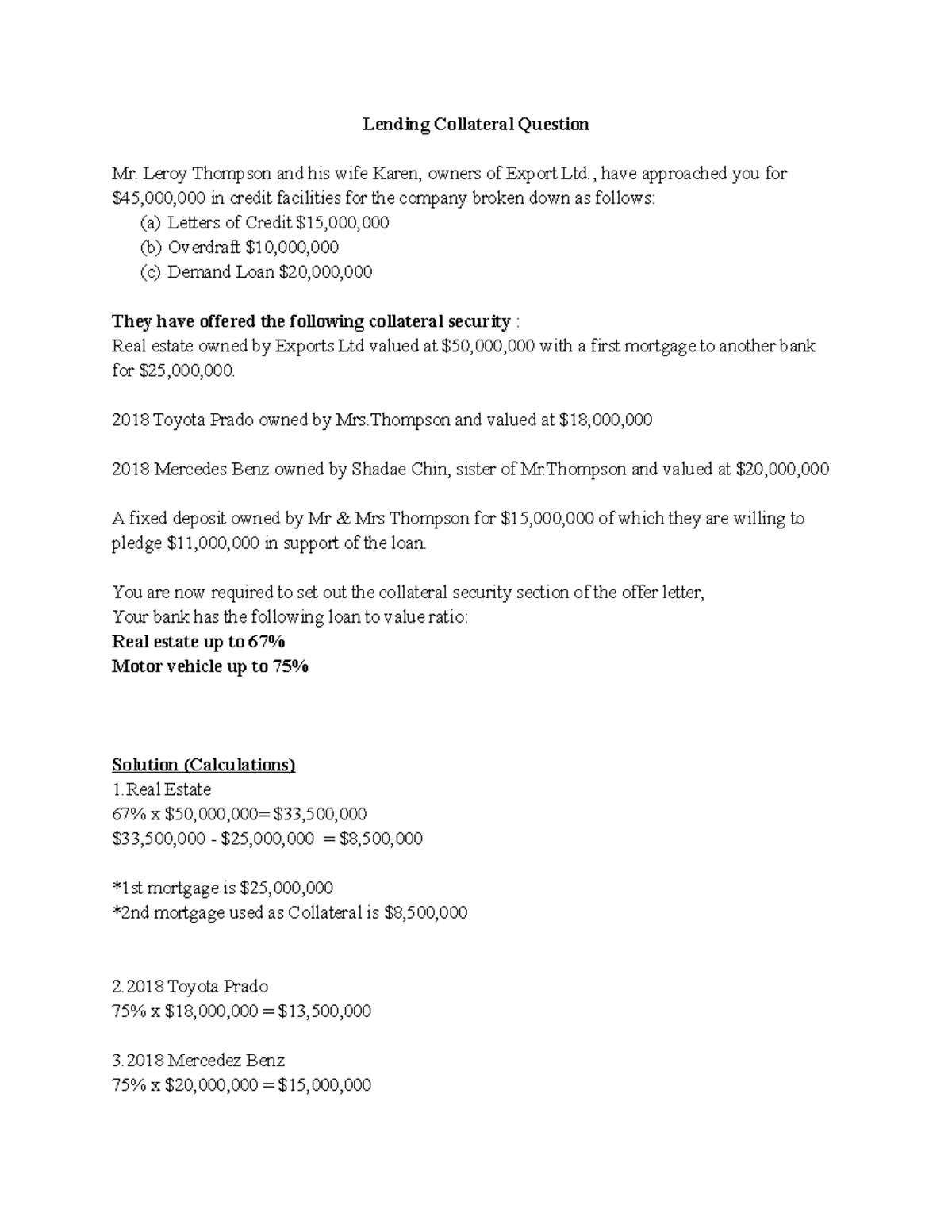 Unit 4 Lending Collateral Question - Lending Collateral Question Mr ...