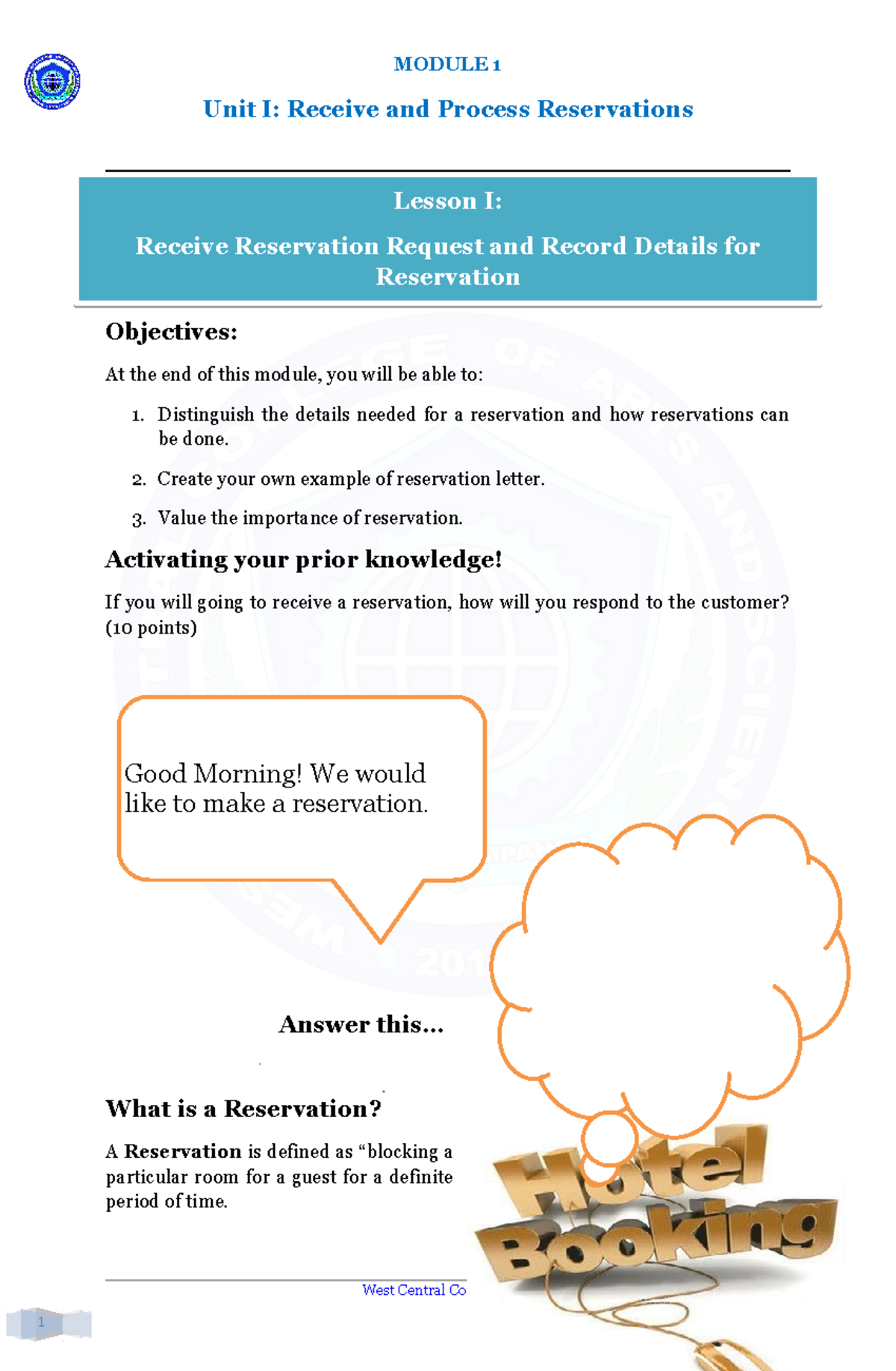 Module 1 FO Services - FOR LEARNING - Unit I: Receive and Process ...