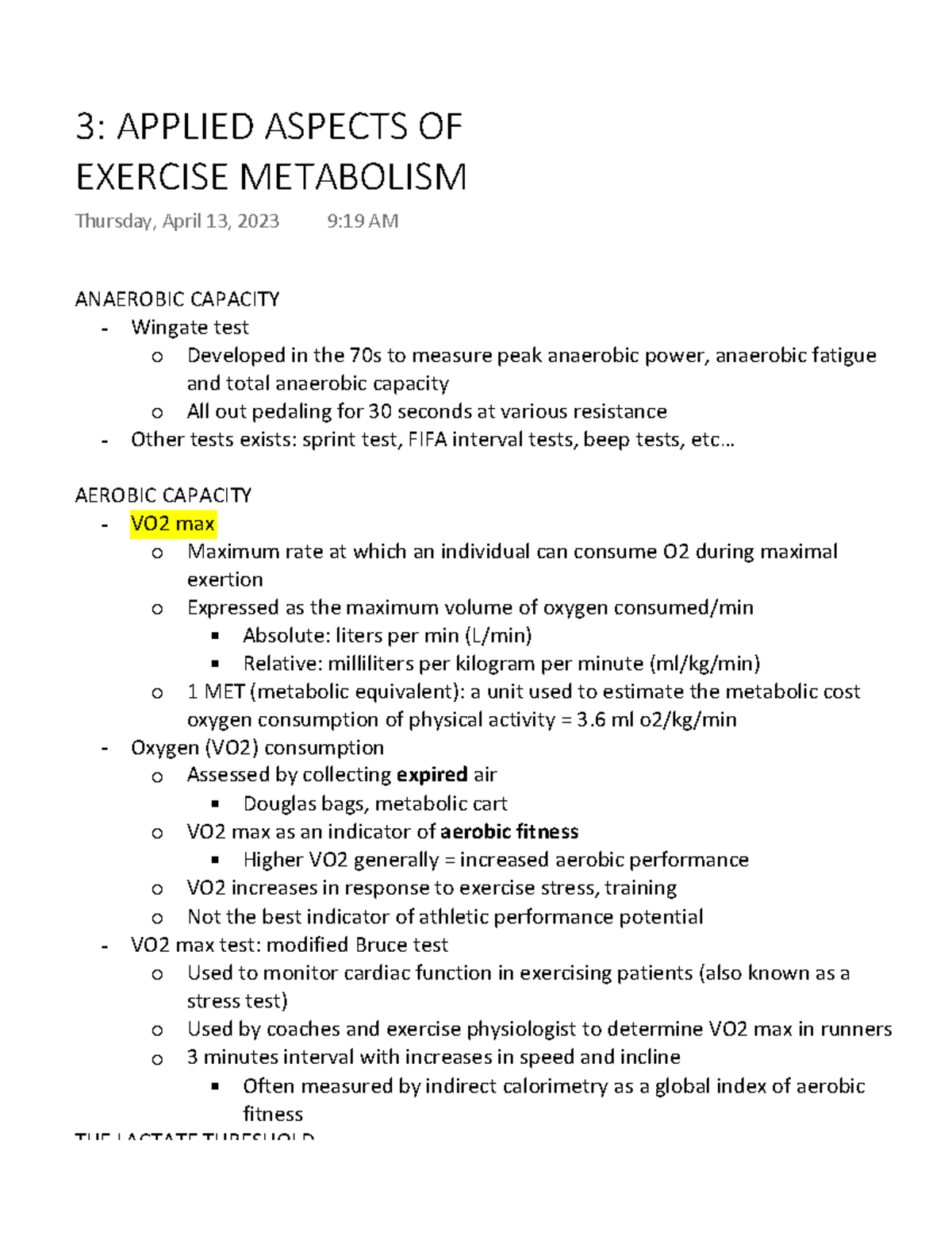 Applied Aspects OF Exercise Metabolsim - ANAEROBIC CAPACITY Wingate ...