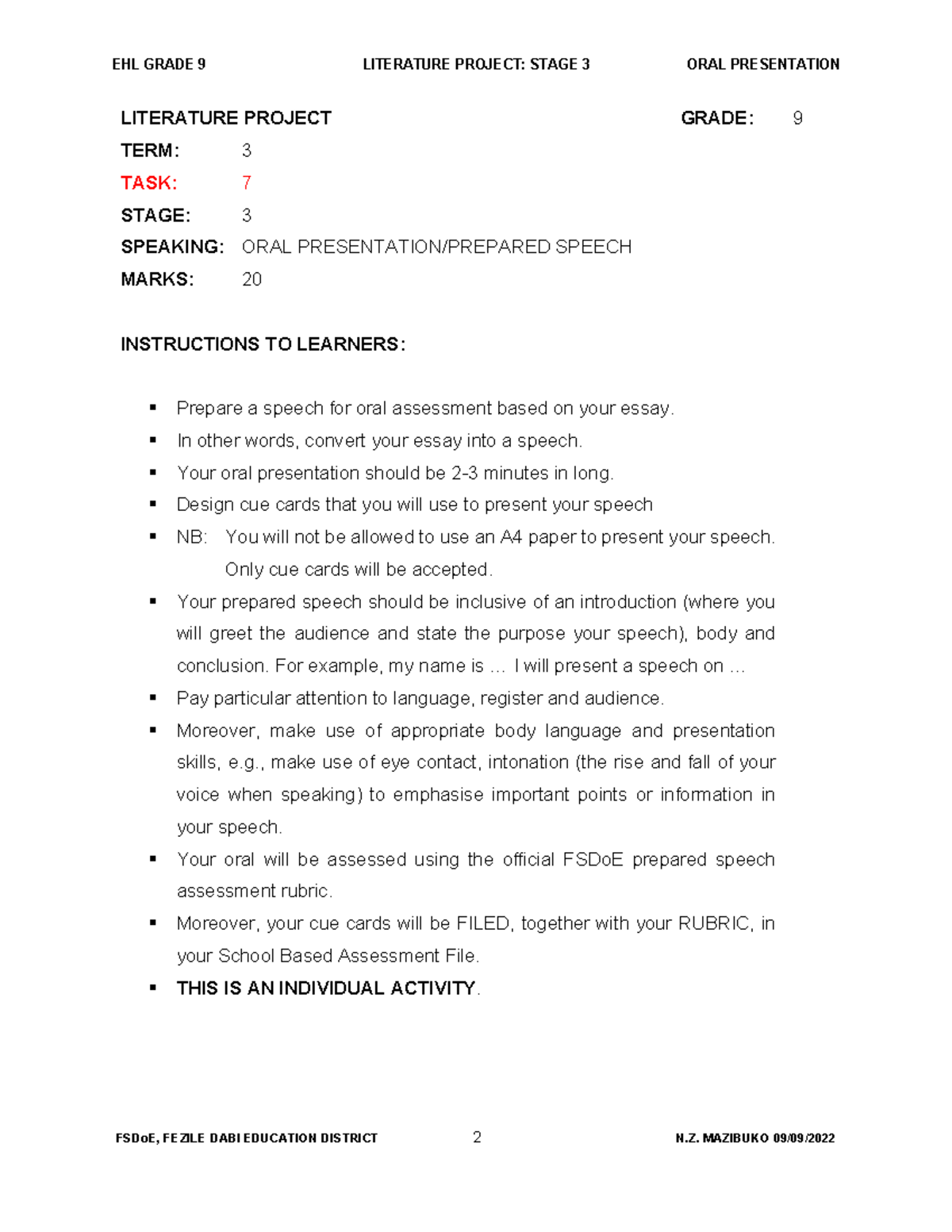 Grade 9 EHL Rectified TASK Number - EHL GRADE 9 LITERATURE PROJECT ...