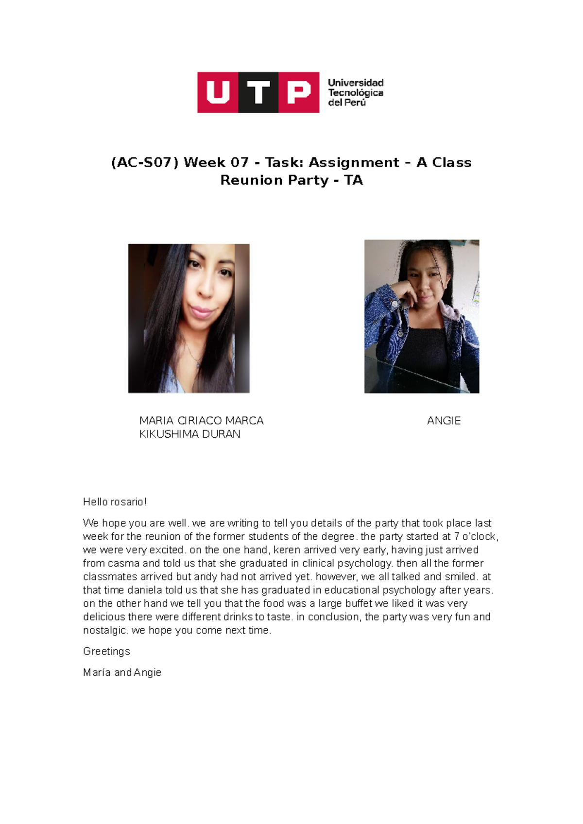 Semana 7 - (AC-S07) Week 07 - Task: Assignment – A Class Reunion Party - TA Hello rosario! We ...