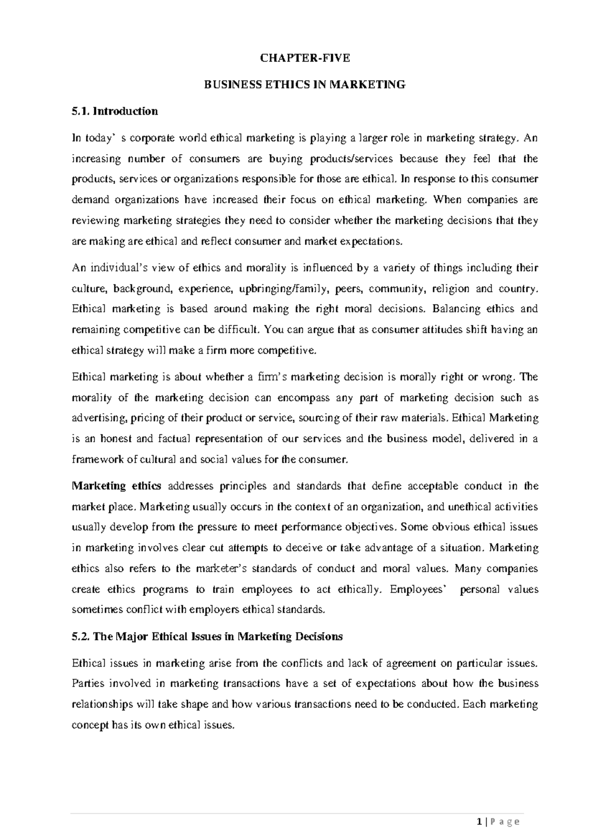 BE-Chapter-5 - What is busness etics - CHAPTER-FIVE BUSINESS ETHICS IN ...