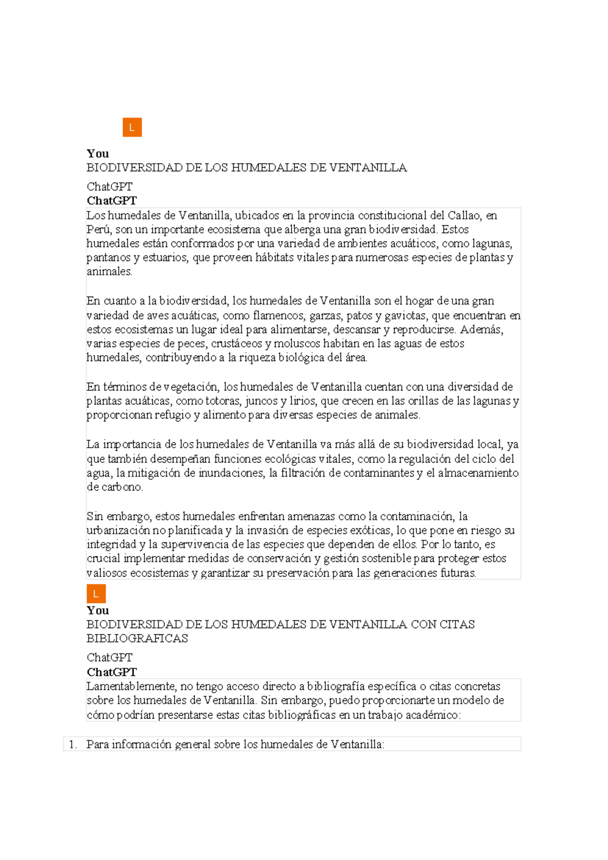 Humedales de ventanilla - You BIODIVERSIDAD DE LOS HUMEDALES DE VENTANILLA ChatGPT ChatGPT Los ...