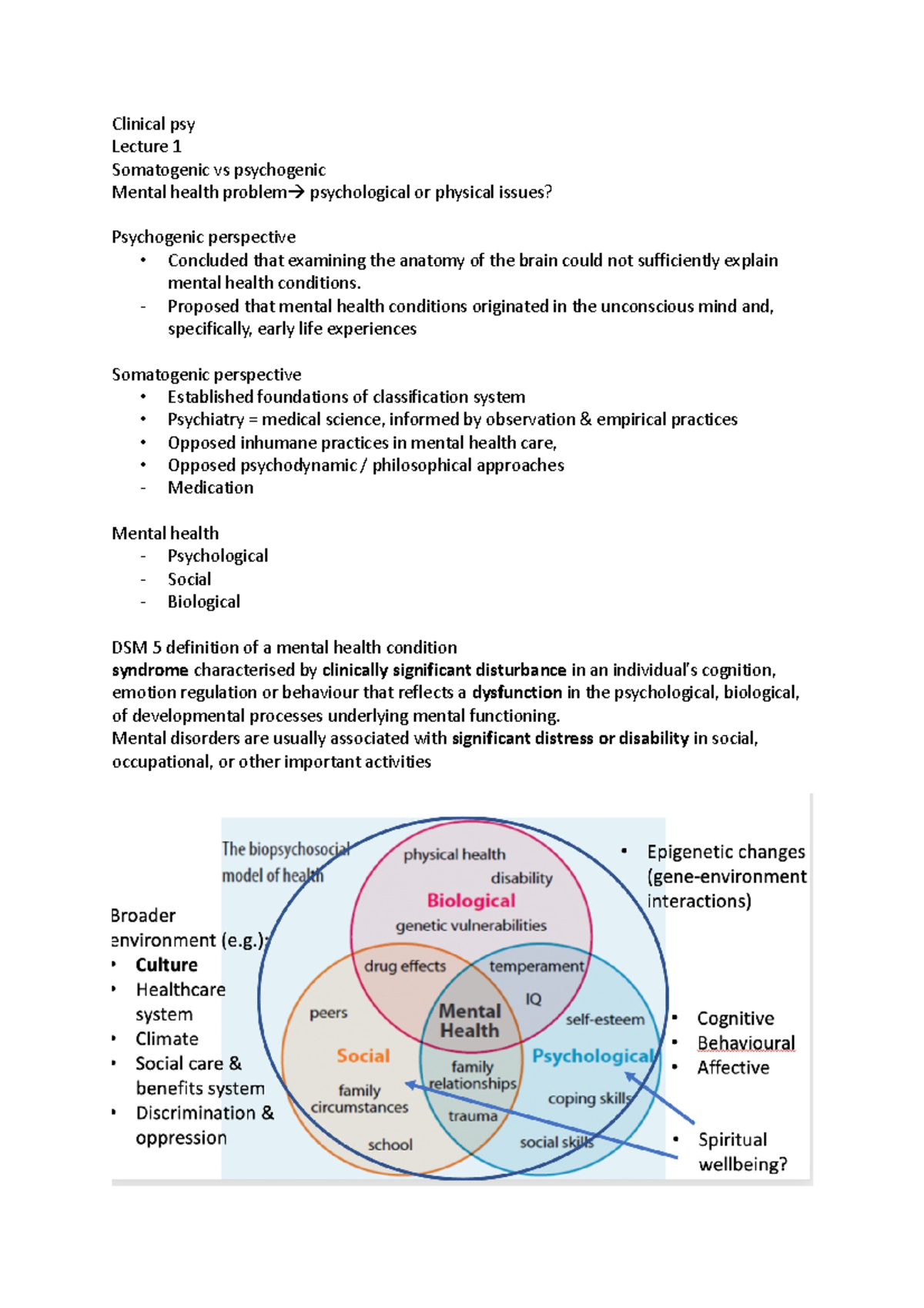 Clinical psy - Clinical psy Lecture 1 Somatogenic vs psychogenic Mental ...