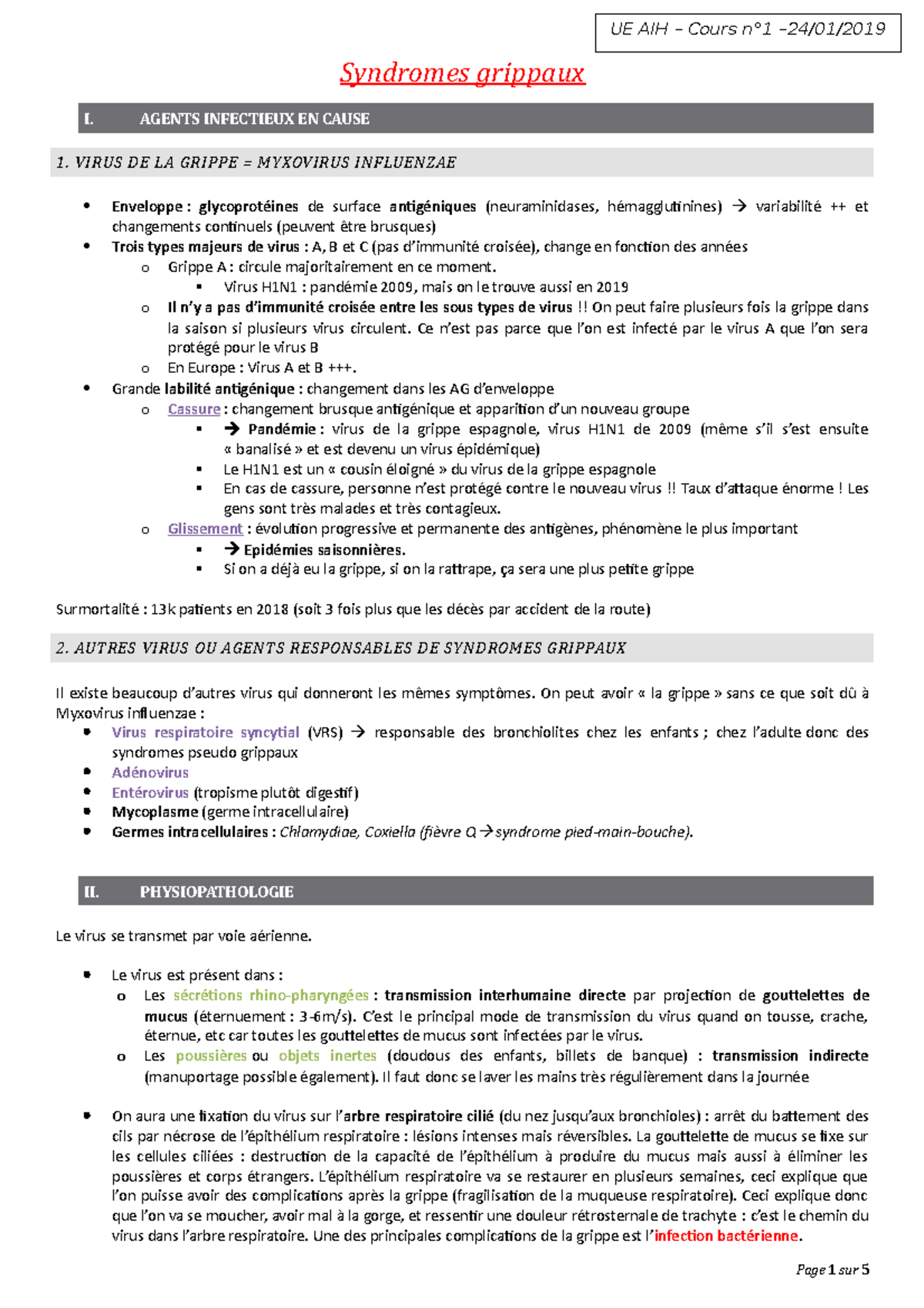 C3 - Syndrôme grippaux - Syndromes grippaux I. AGENTS INFECTIEUX EN ...