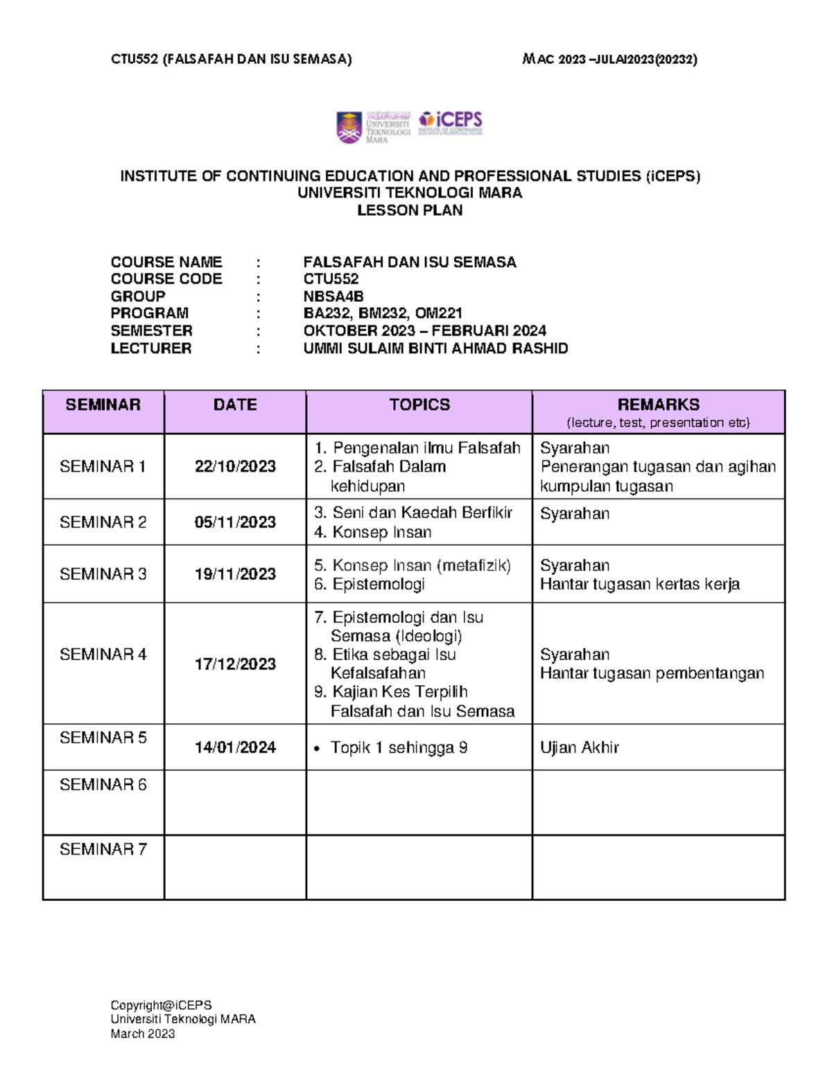 CTU552 NBSA4B Lesson PLAN FOR SEM 20234 - CTU55 2 (FALSAFAH DAN ISU ...