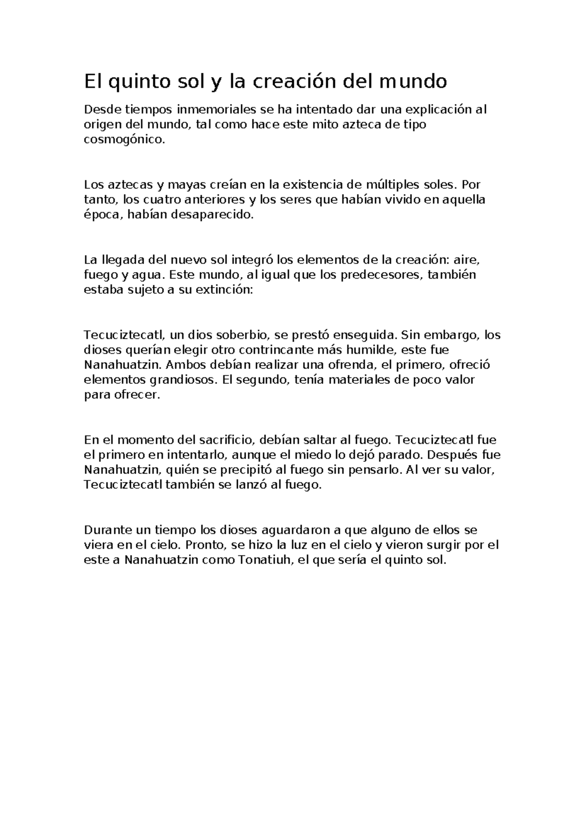 El quinto sol y la creación del mundo - El quinto sol y la creación del ...