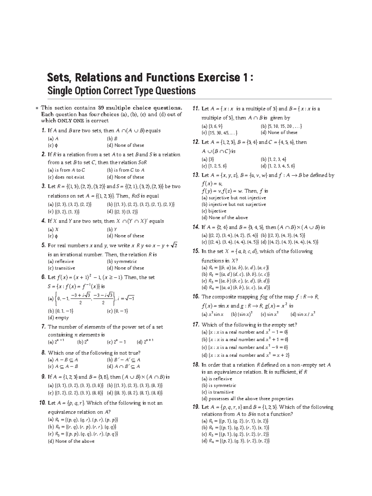 1. Sets Relations and Functions Exercises - This section contains 39 ...