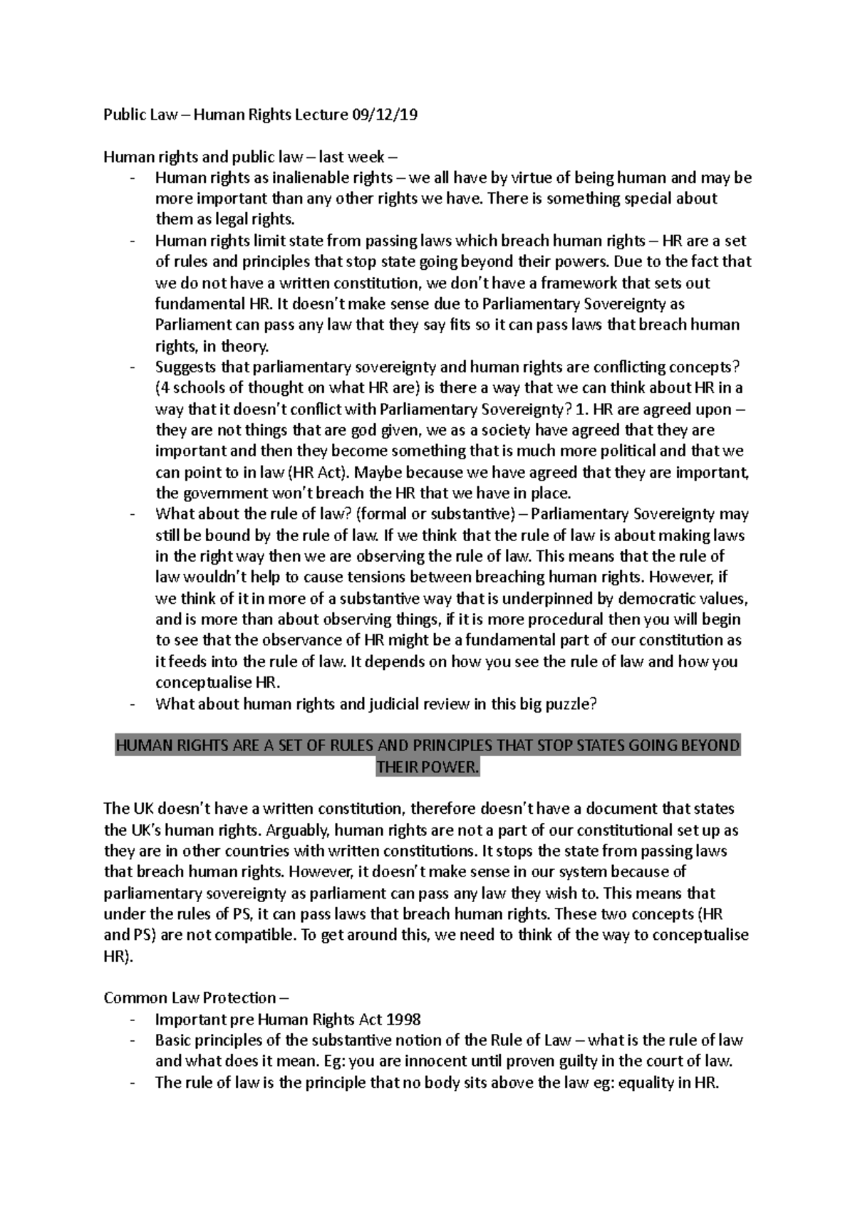 Human Rights - Lecture notes 1 - Public Law – Human Rights Lecture 09 ...