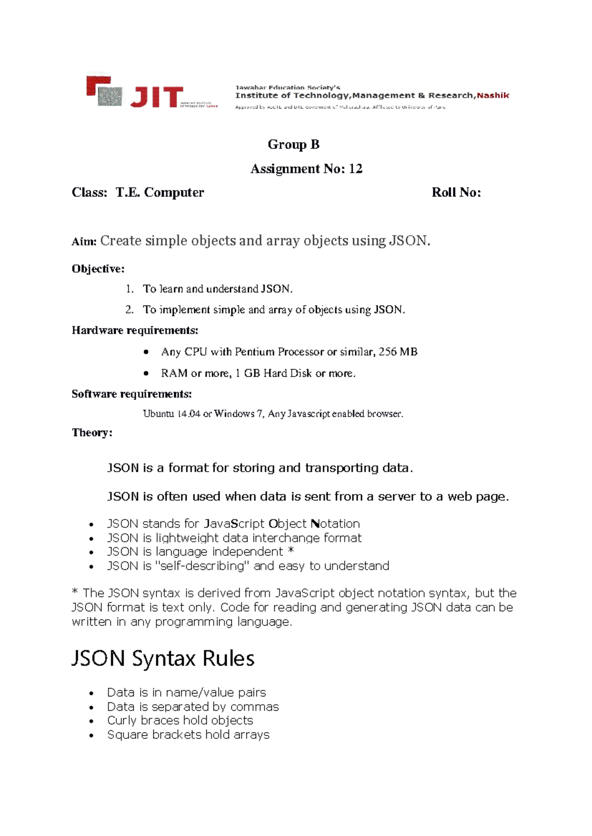 Dbms-assignment-12 - Lab Manual - Group B Assignment No: 12 Class: T. Computer Roll No: Aim ...