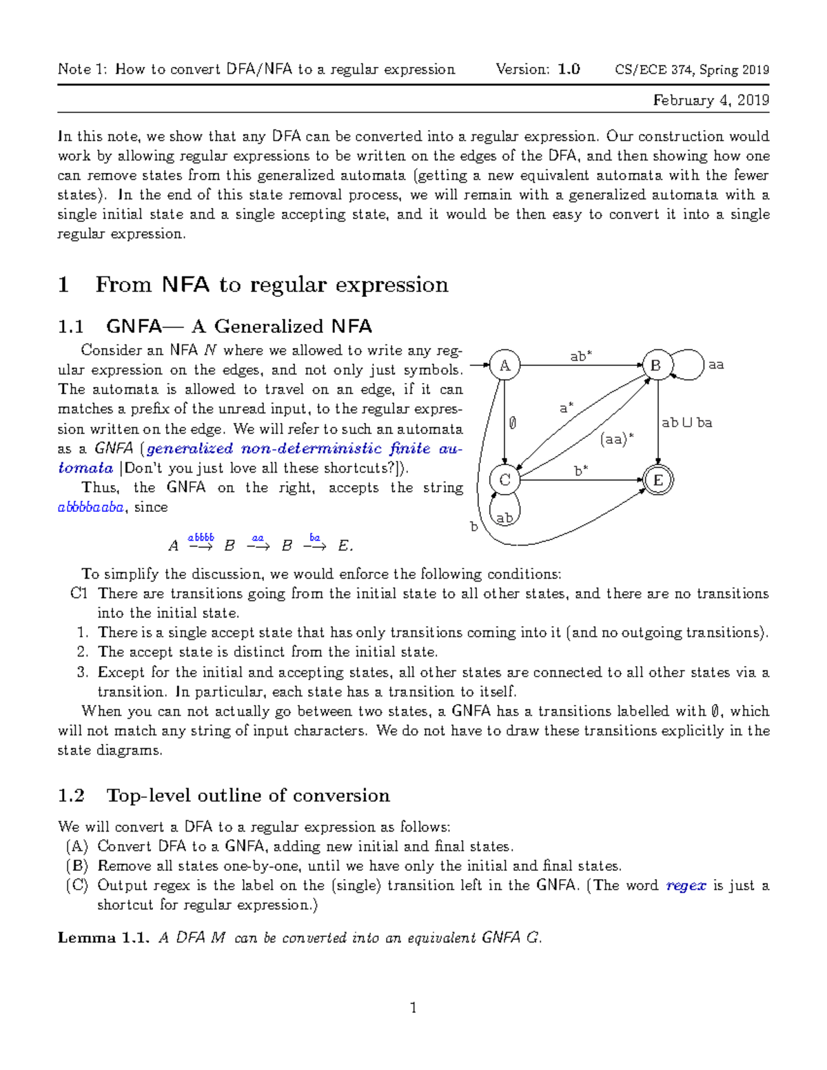 Non Deterministic Finite Automata To Regular Expressions Note 1 How To Convert Dfa Nfa To A