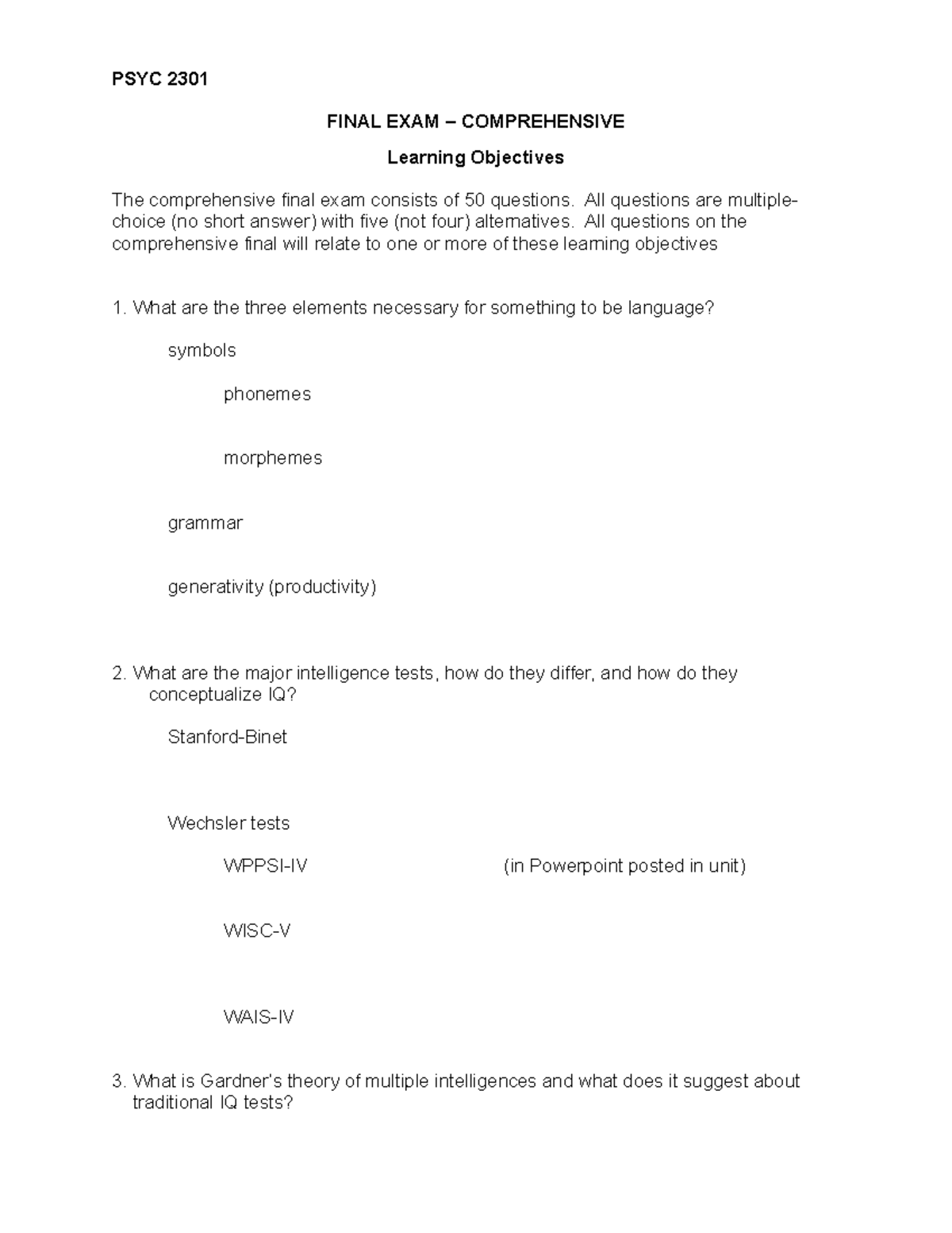 P01 DL Learning+Objectives+for+Final+Exam - PSYC 2301 FINAL EXAM – COMPREHENSIVE Learning ...