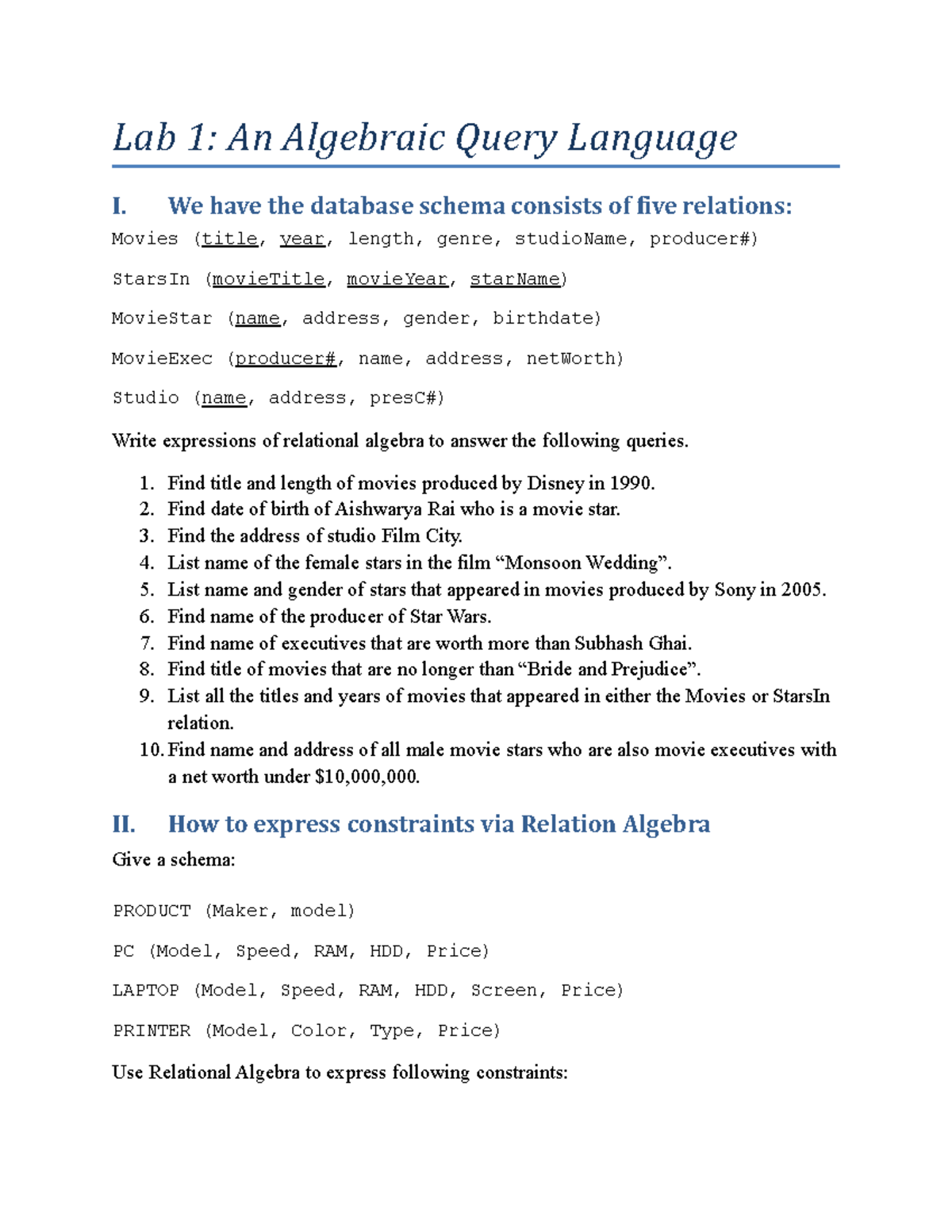 Lab1 - I think that it's about one of computer fundamentals - Lab 1: An Algebraic Query Language ...