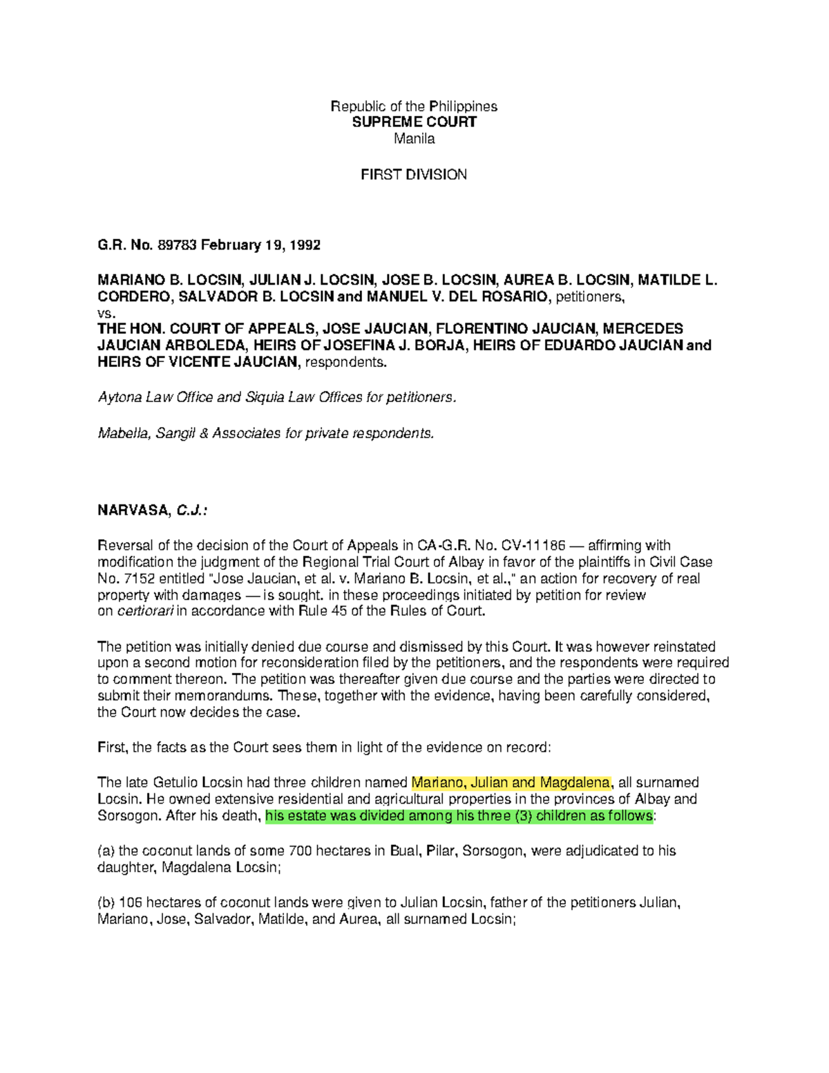 4. G.R. No. 89783 - Cases in succession (legitime) with highlights ...