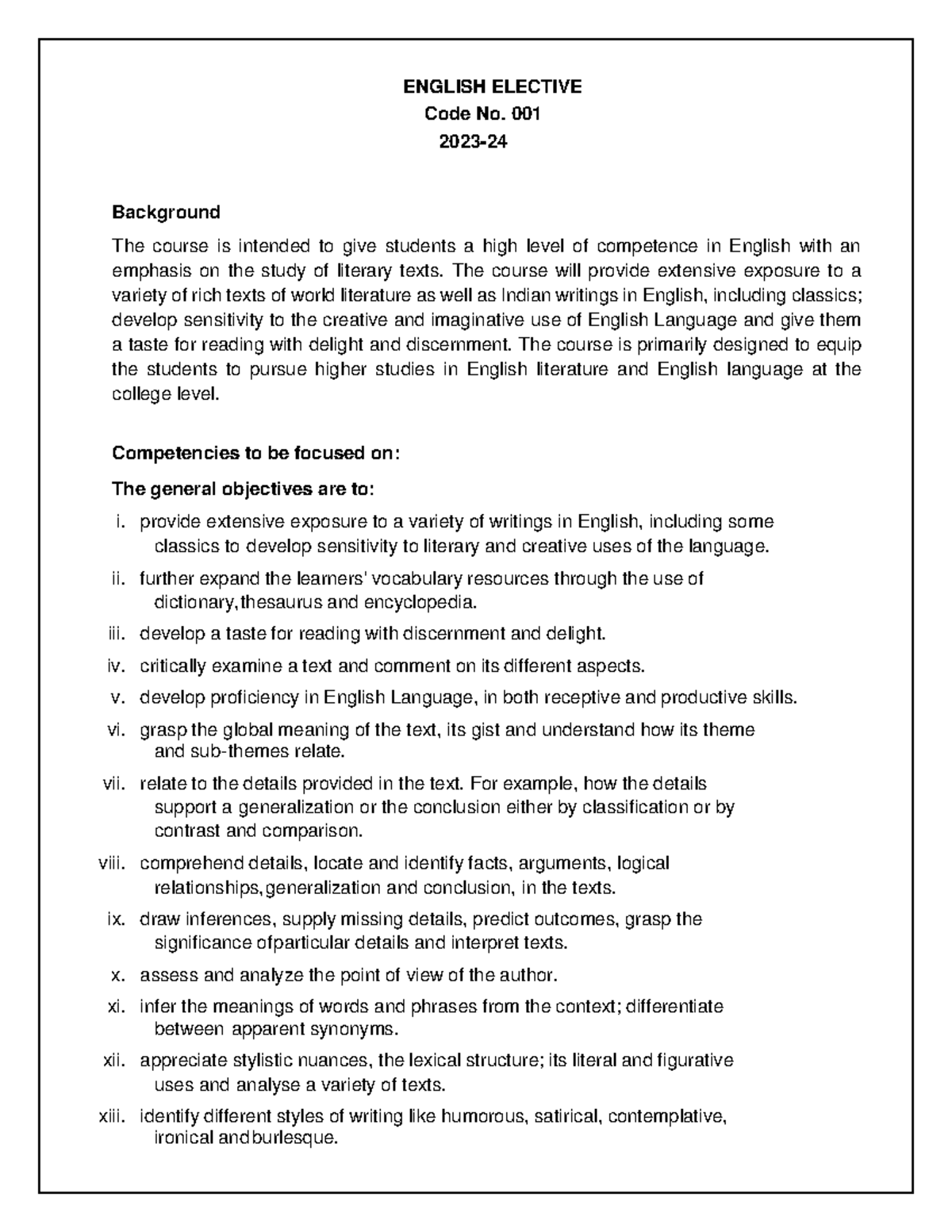 English elective Sr Sec 2023-24 - ENGLISH ELECTIVE Code No. 001 2023 ...
