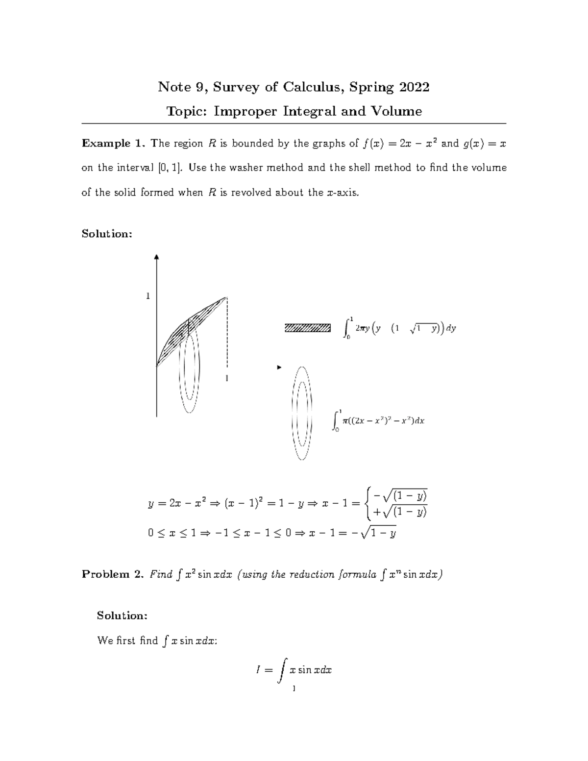 Note9sc - Improper Integral and Volume - Note 9, Survey of Calculus ...