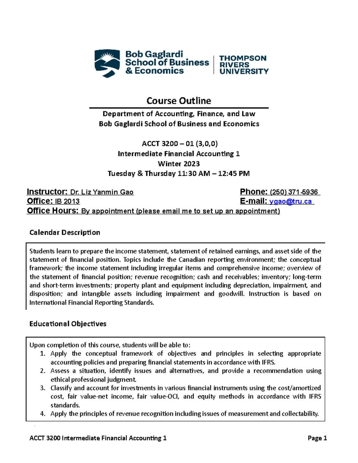 ACCT 3200 Course Outline 2023W - Course Outline Department of ...