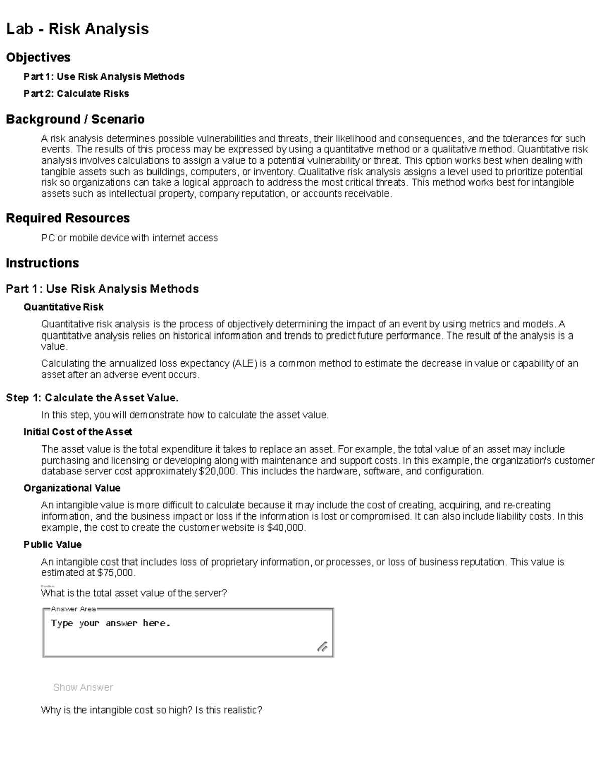 Lab - Risk Analysis - CYBER SECURITY - Lab - Risk Analysis Objectives Part 1: Use Risk Analysis ...