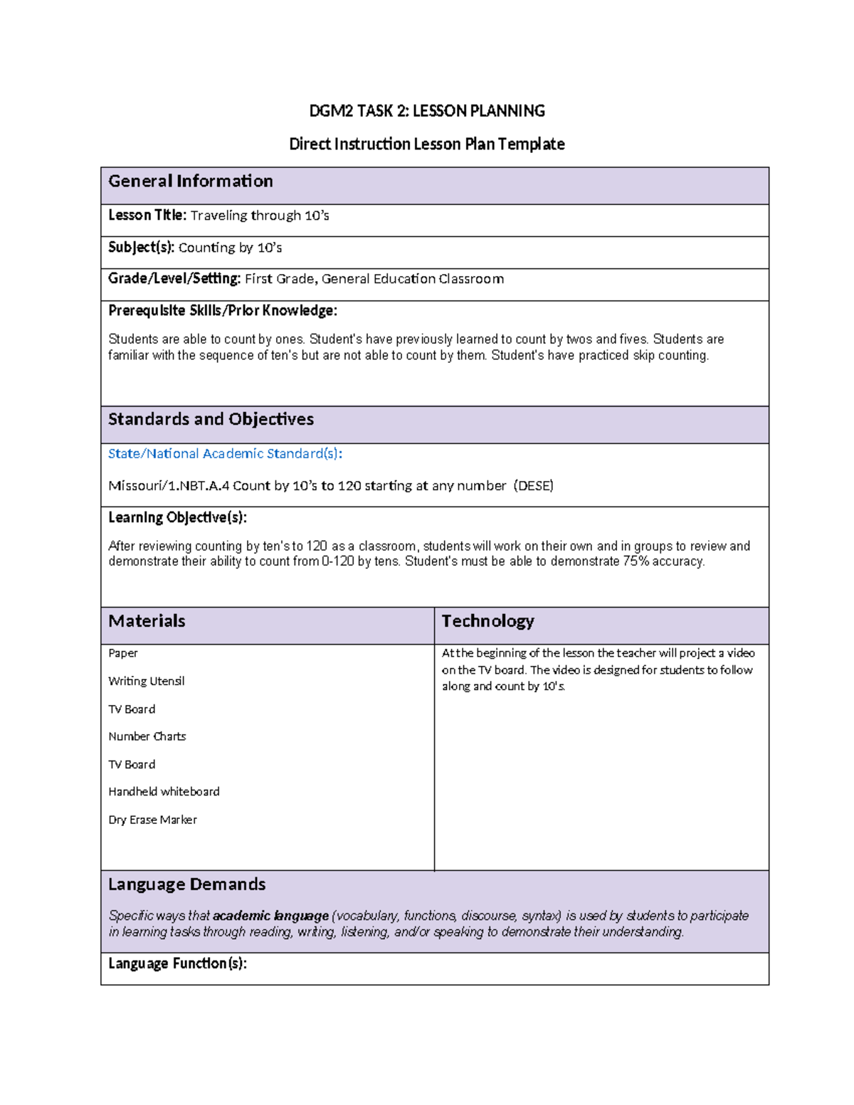DGM2 TASK 2 Lesson Planning - DGM2 TASK 2: LESSON PLANNING Direct ...