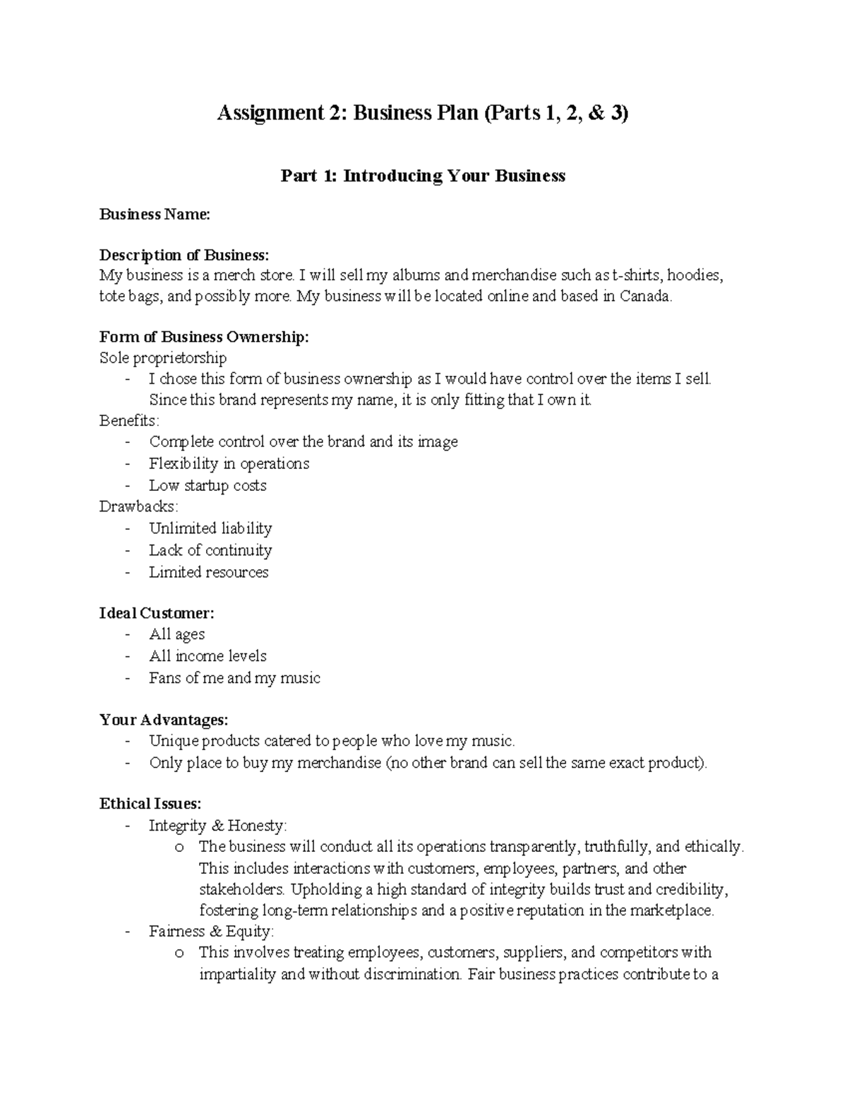 ADMN201 Assignment 2 - Assignment 2: Business Plan (Parts 1, 2, & 3 ...