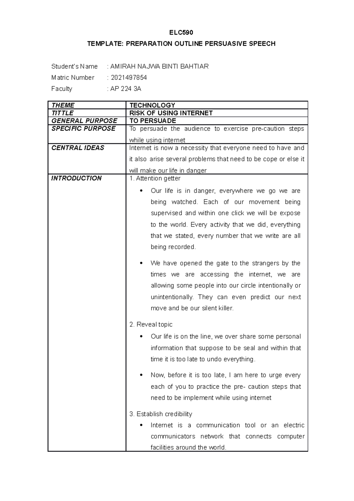 Outline Assessment 3 - ELC TEMPLATE: PREPARATION OUTLINE PERSUASIVE ...