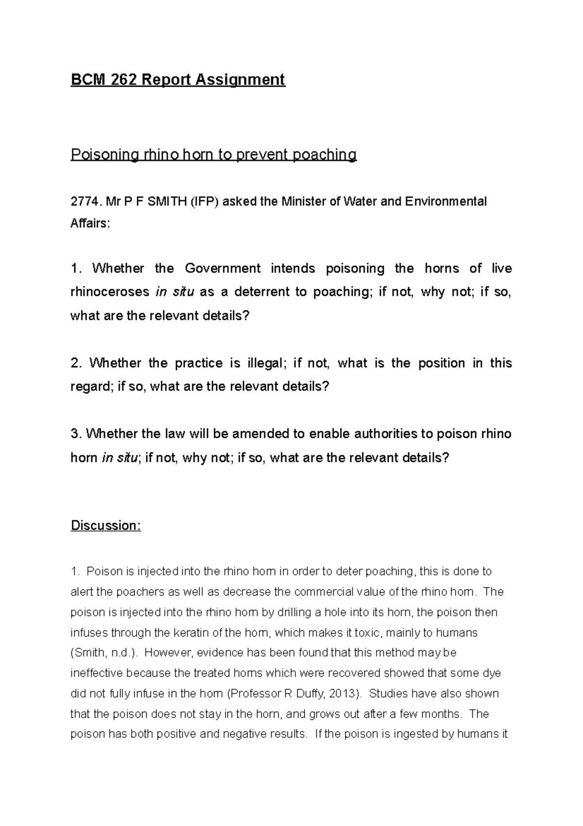 BCM 262 Report Assignment - BCM 262 Report Assignment Poisoning rhino ...