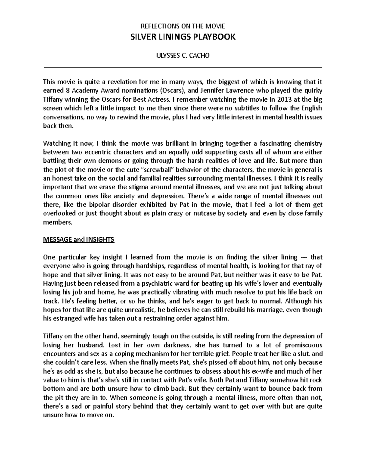 A Psychology Reflection on Silver Linings Playbook - REFLECTIONS ON THE ...