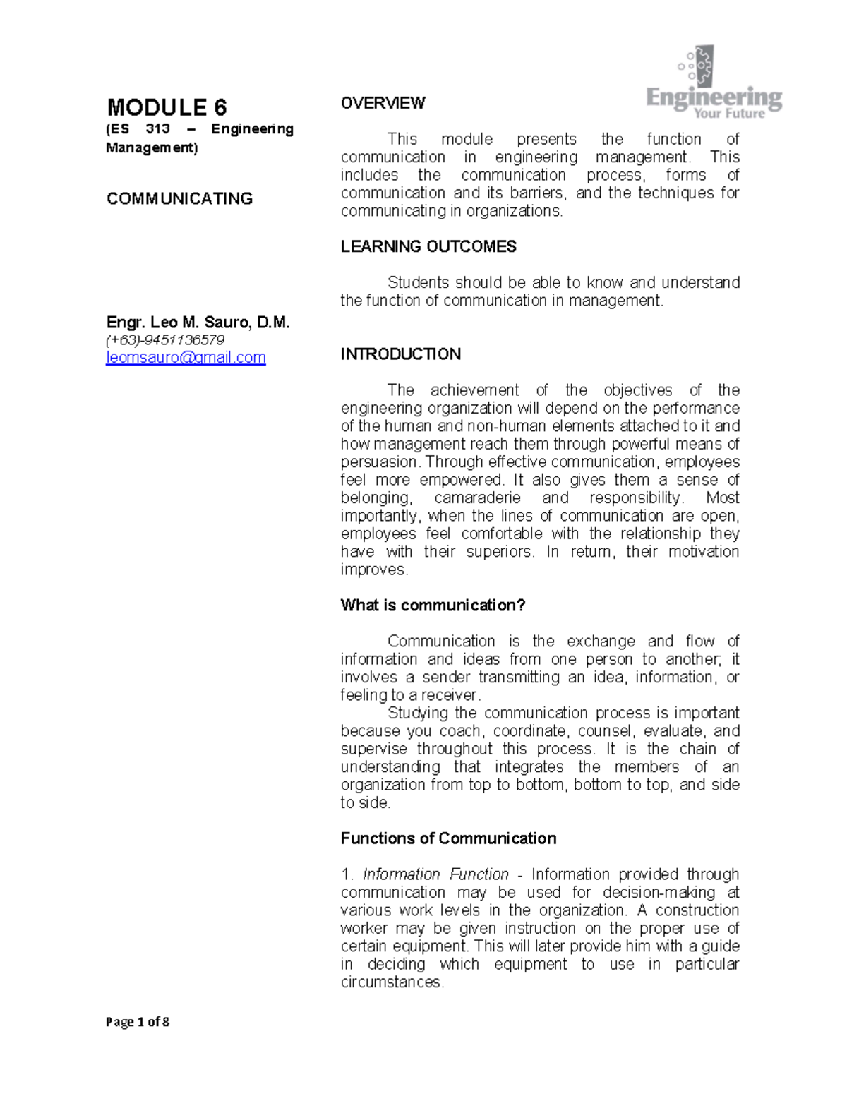 Module 6 - Communicating - MODULE 6 (ES 313 – Engineering Management ...