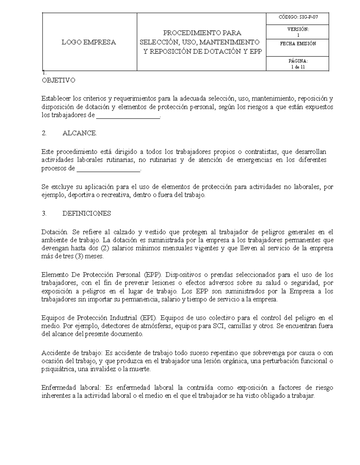 Procedimiento PARA Selección, USO, Mantenimiento Y Reposición DE Dotación Y EPP - 1. OBJETIVO ...