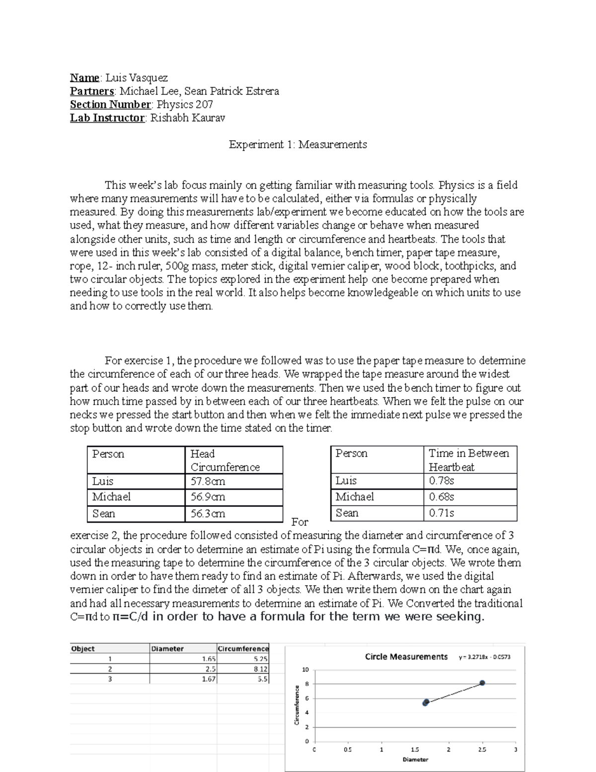 Lab #1 Measurements - Name: Luis Vasquez Partners: Michael Lee, Sean ...