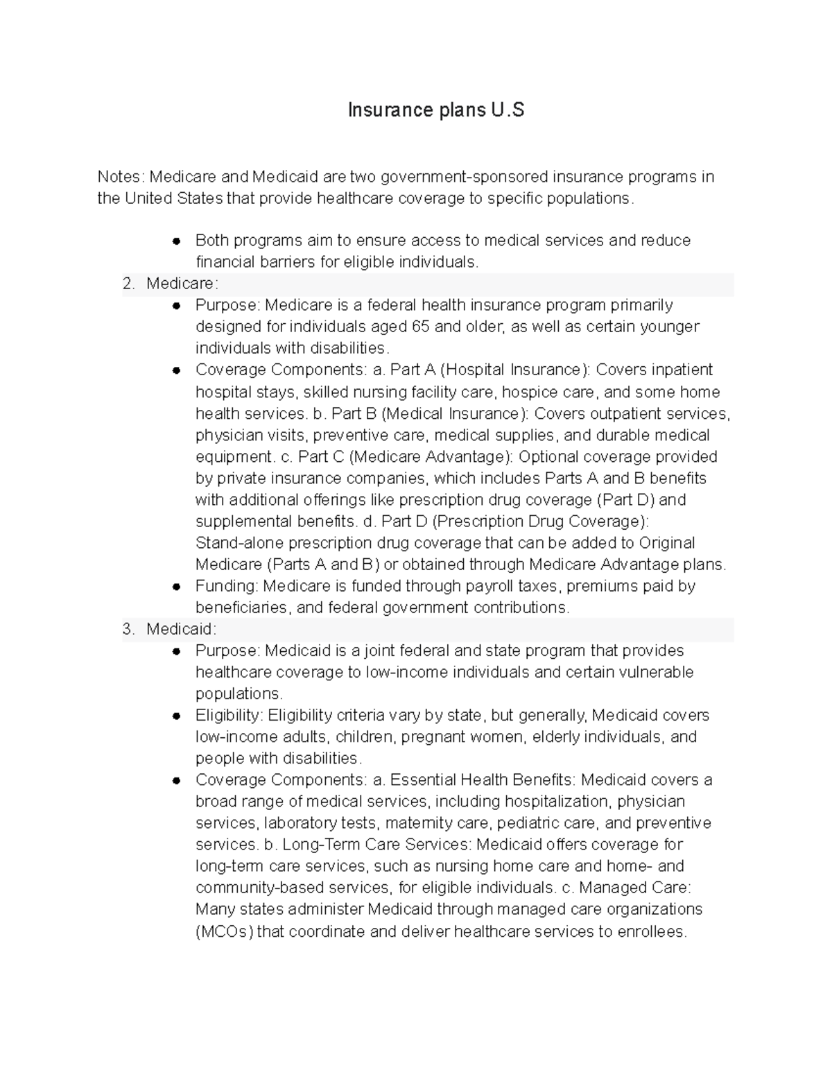 U.S insurance plans - Insurance plans U Notes: Medicare and Medicaid ...