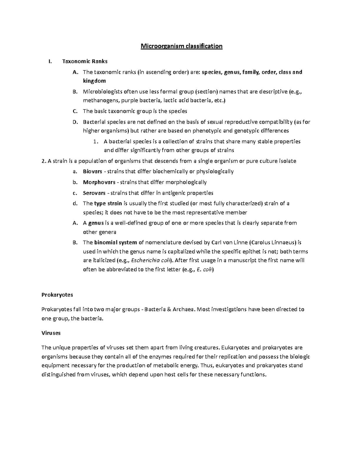Lecture 1 - Introduction to Microbiology - Microorganism classification I. Taxonomic Ranks A ...