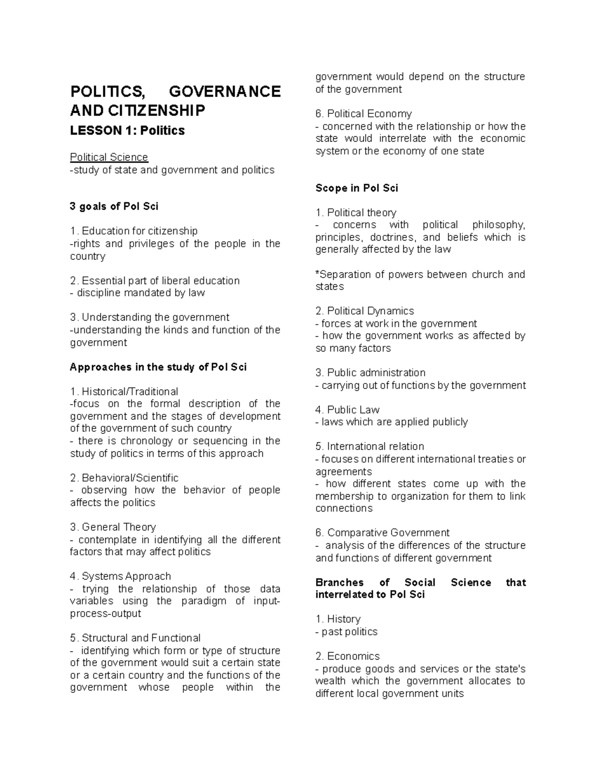Lesson 1: Politics - POLITICS, GOVERNANCE AND CITIZENSHIP LESSON 1 ...