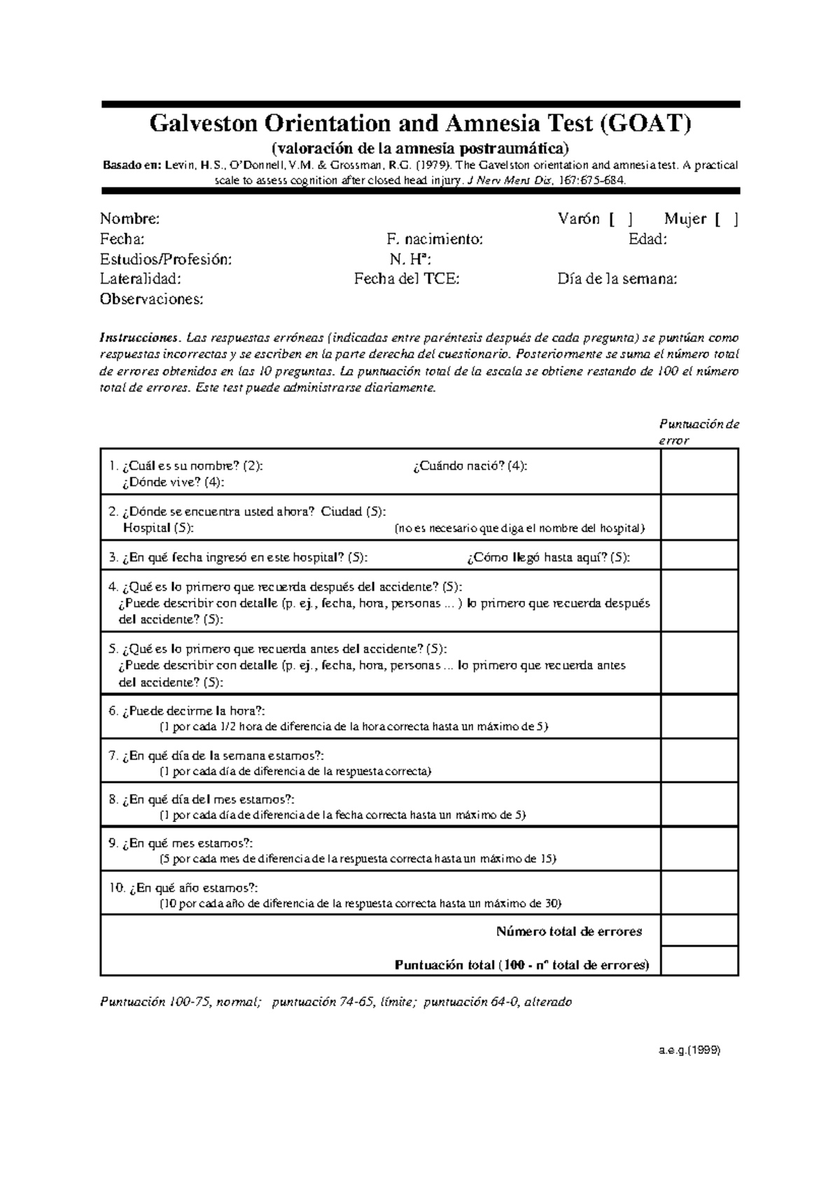 GOAT - Escala de evaluación - Galveston Orientation and Amnesia Test ...