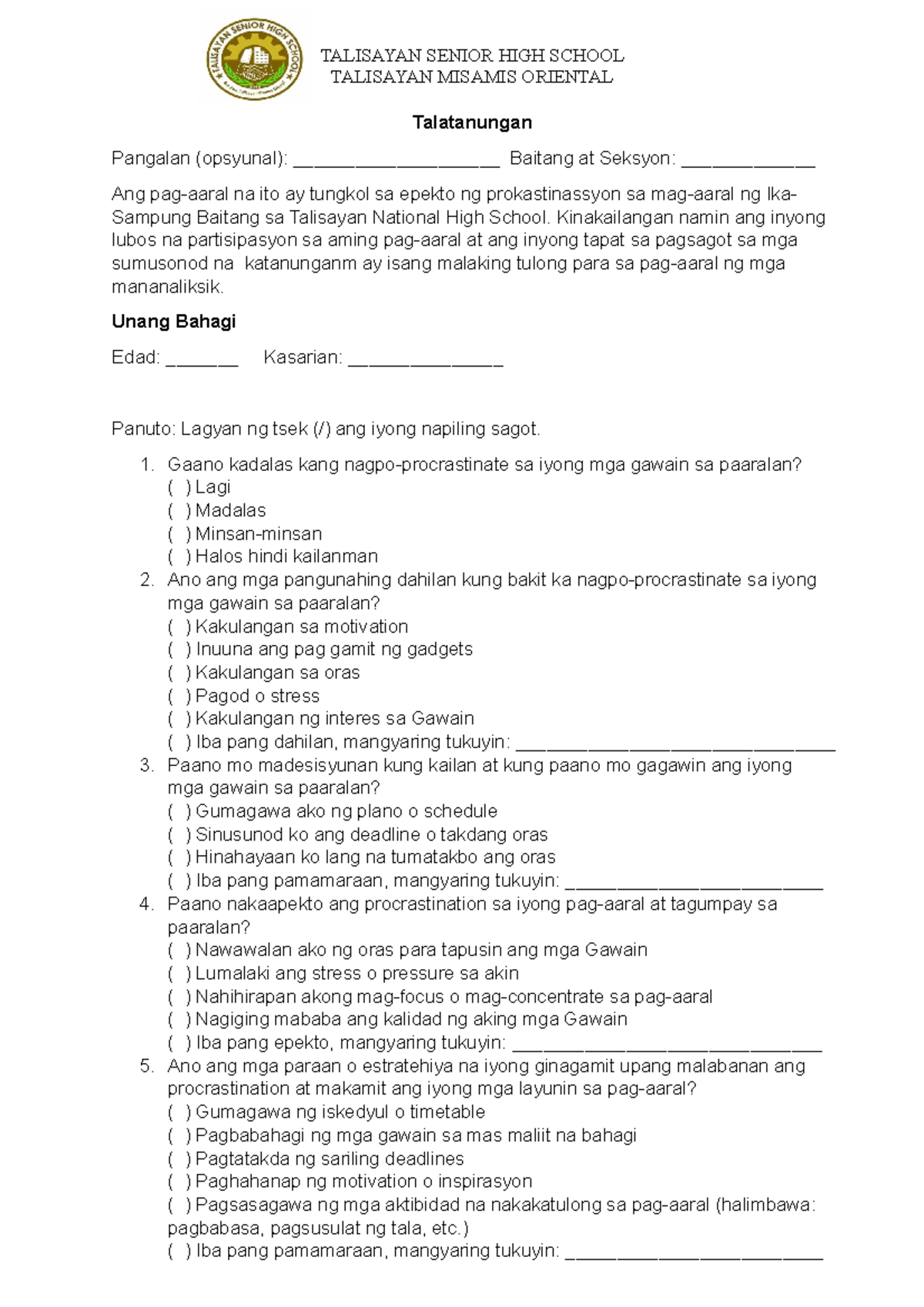Talatanungan Prokastinasyon survey - TALISAYAN SENIOR HIGH SCHOOL ...