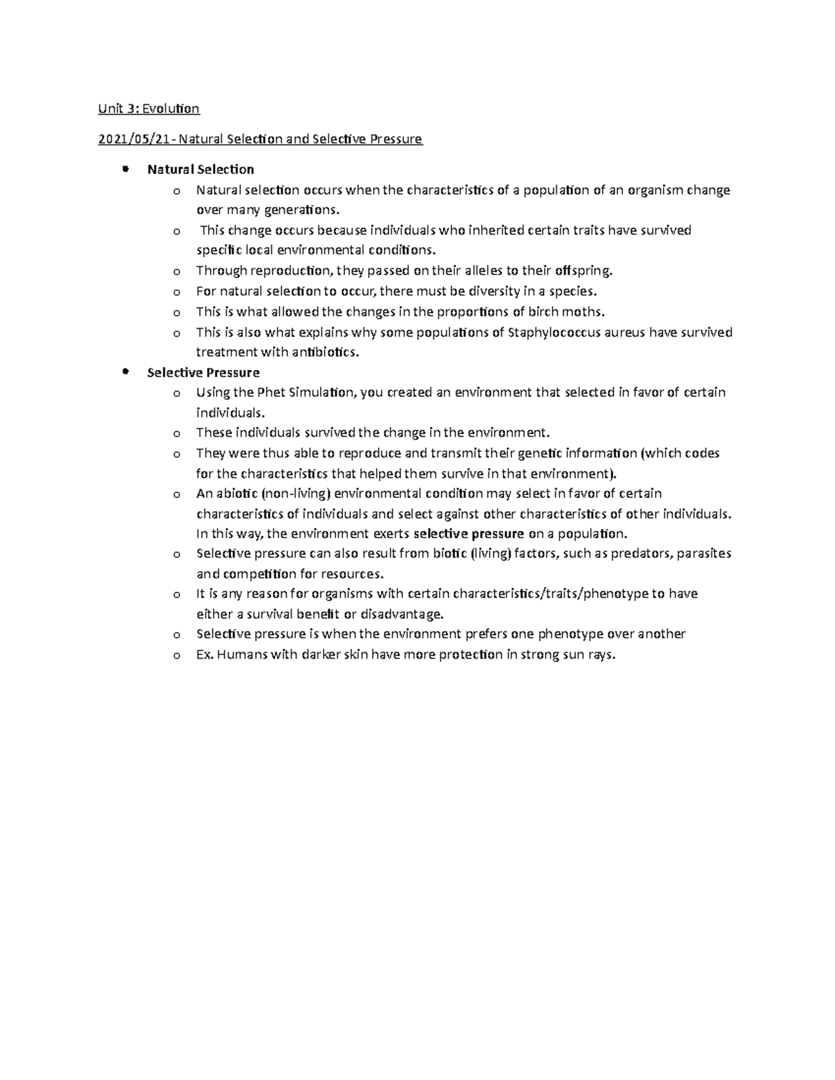 2) Natural selection and Selective Pressure notes - Unit 3: Evolution ...