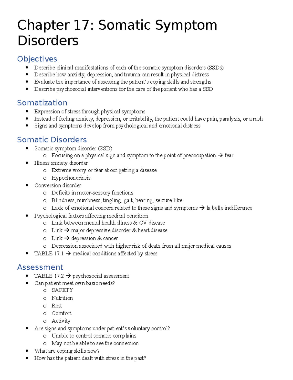 Chapter 17 Notes - Somatic Symptom Disorder - Chapter 17: Somatic ...