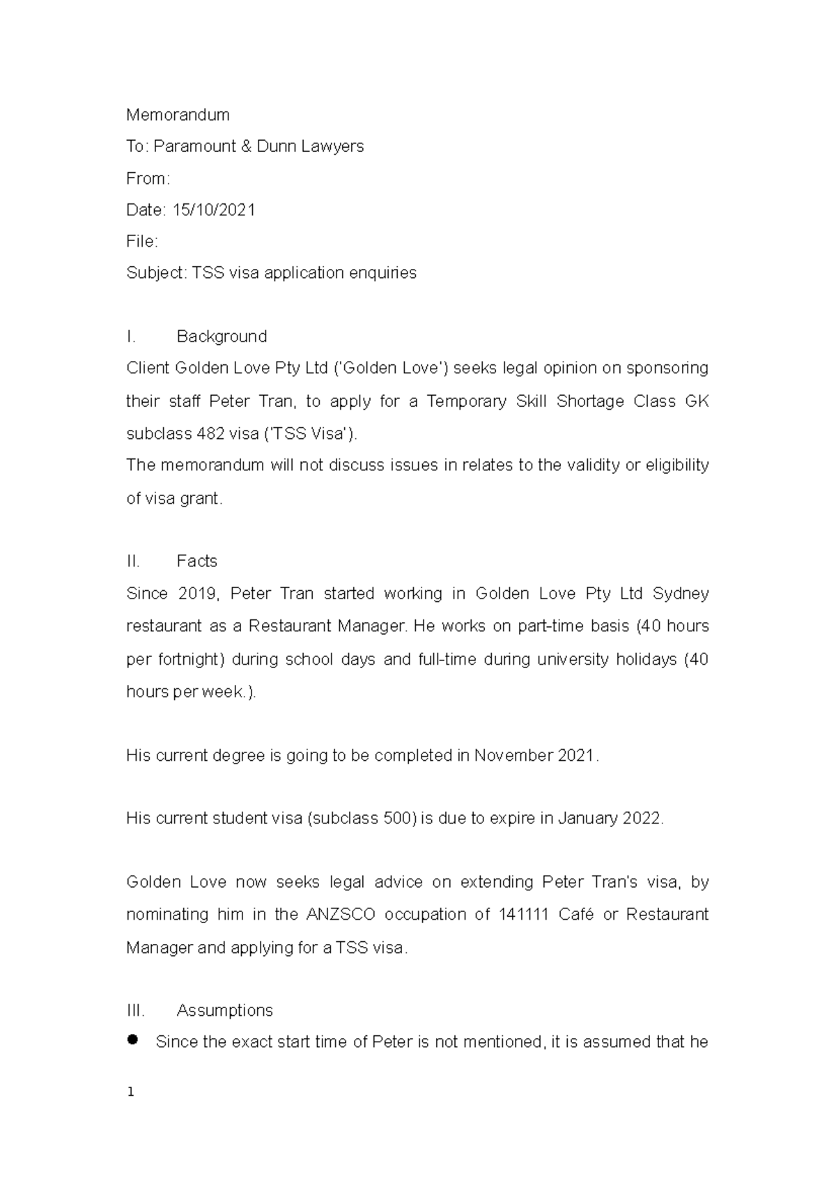 Legal Memorandum for visa application - Memorandum To: Paramount & Dunn ...