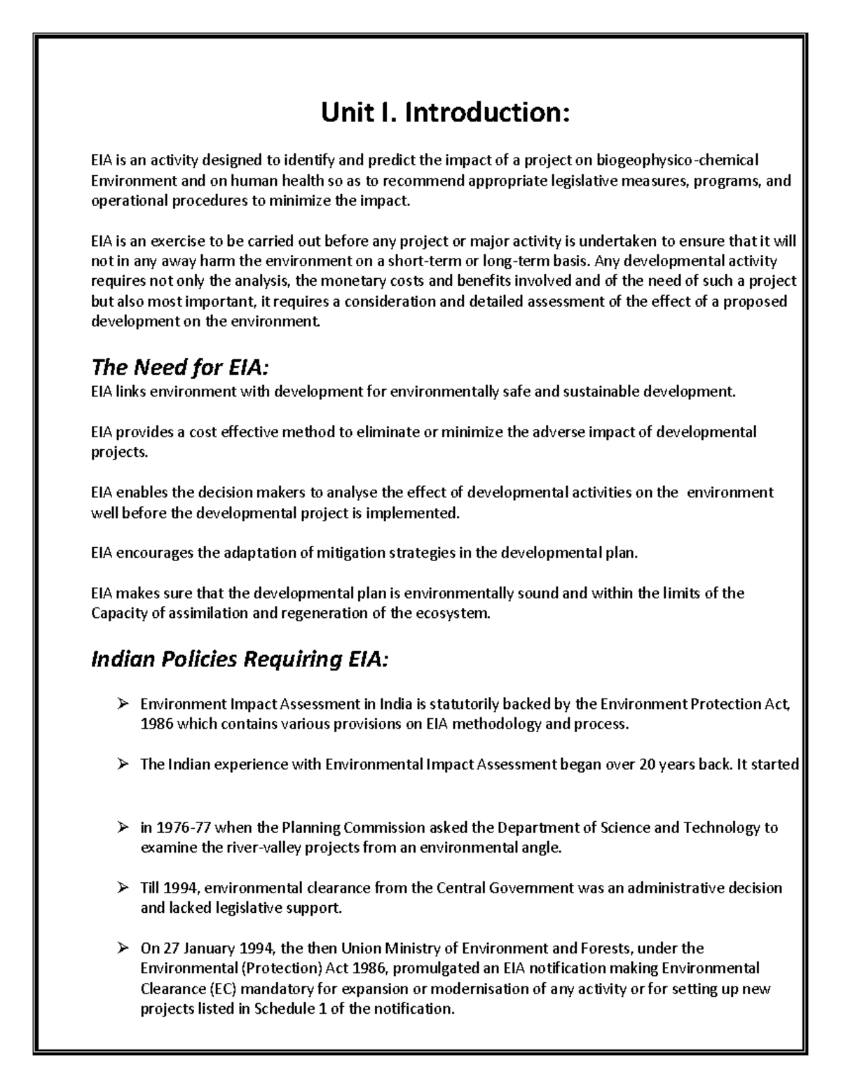 Environmental Impact Assessment (EIA) Full Notes - Unit I. Introduction ...