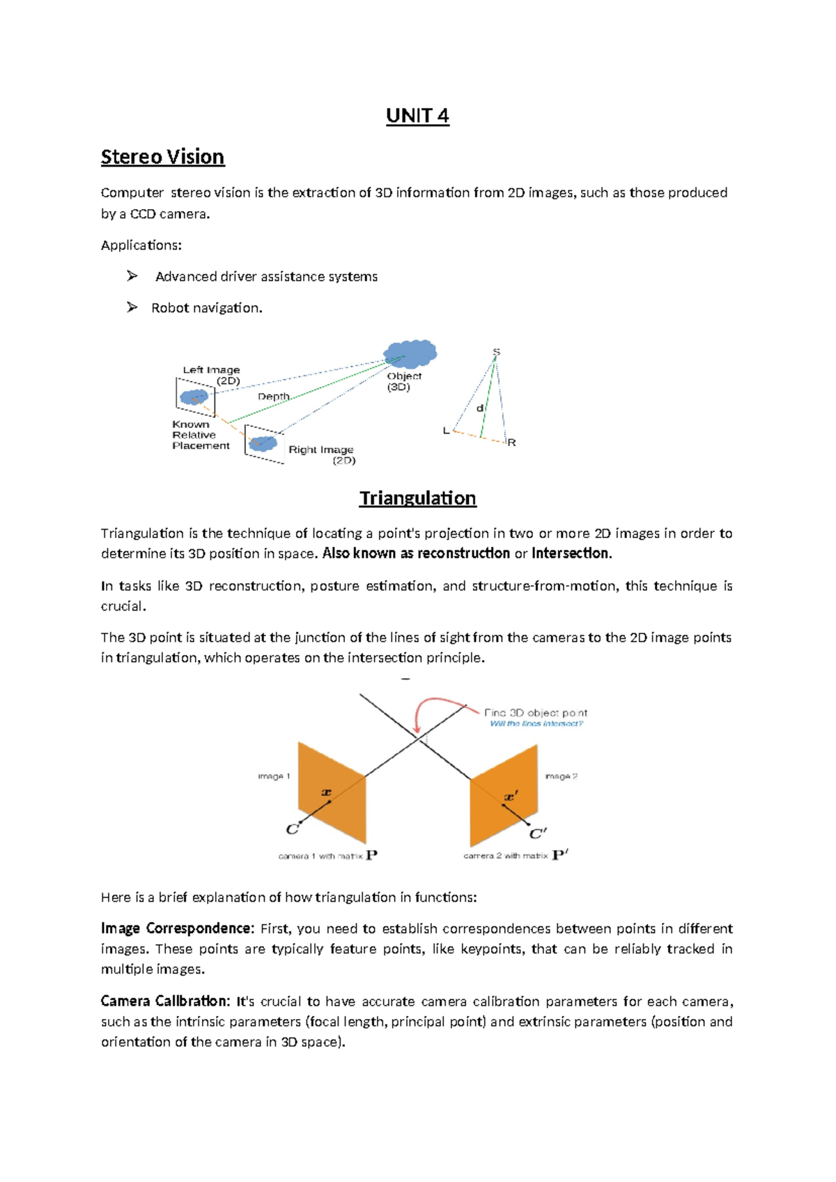 Unit 4 Notes Unit 4 Stereo Vision Computer Stereo Vision Is The Extraction Of 3d Information