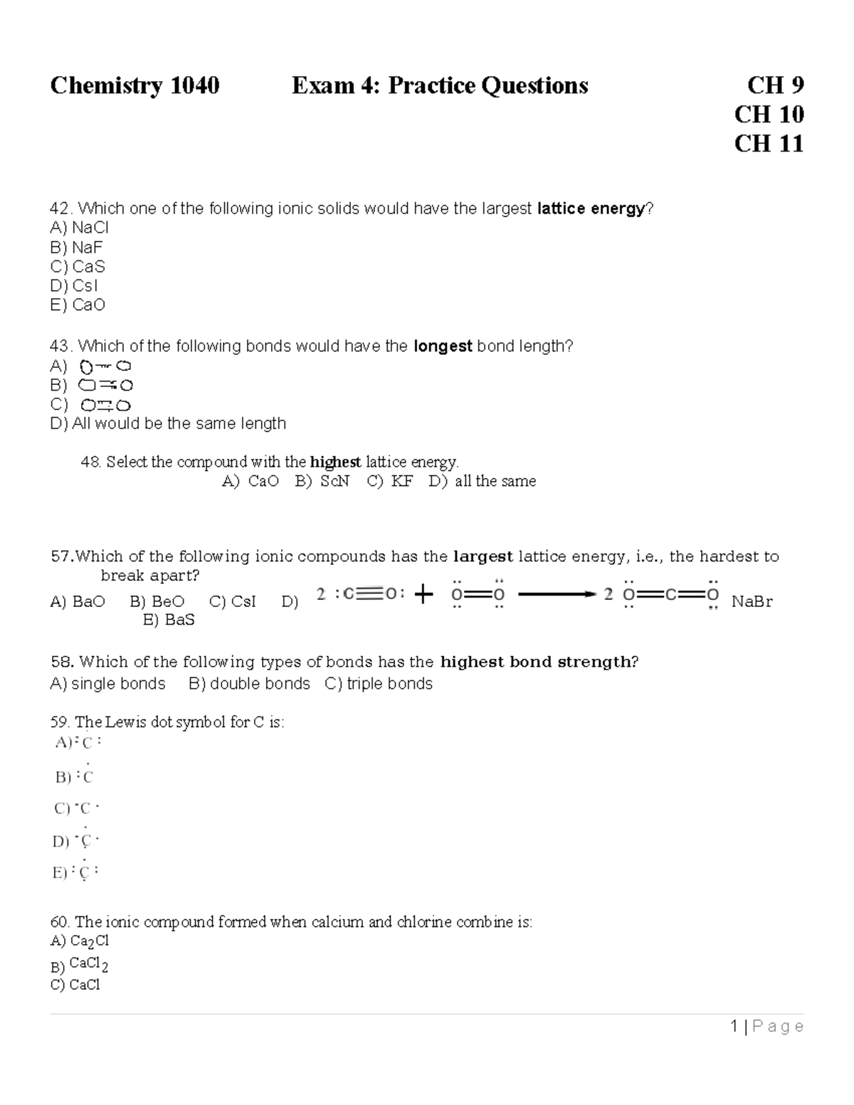 Practice Exam 4 Questions Chemistry 1040 Exam 4 Practice Questions
